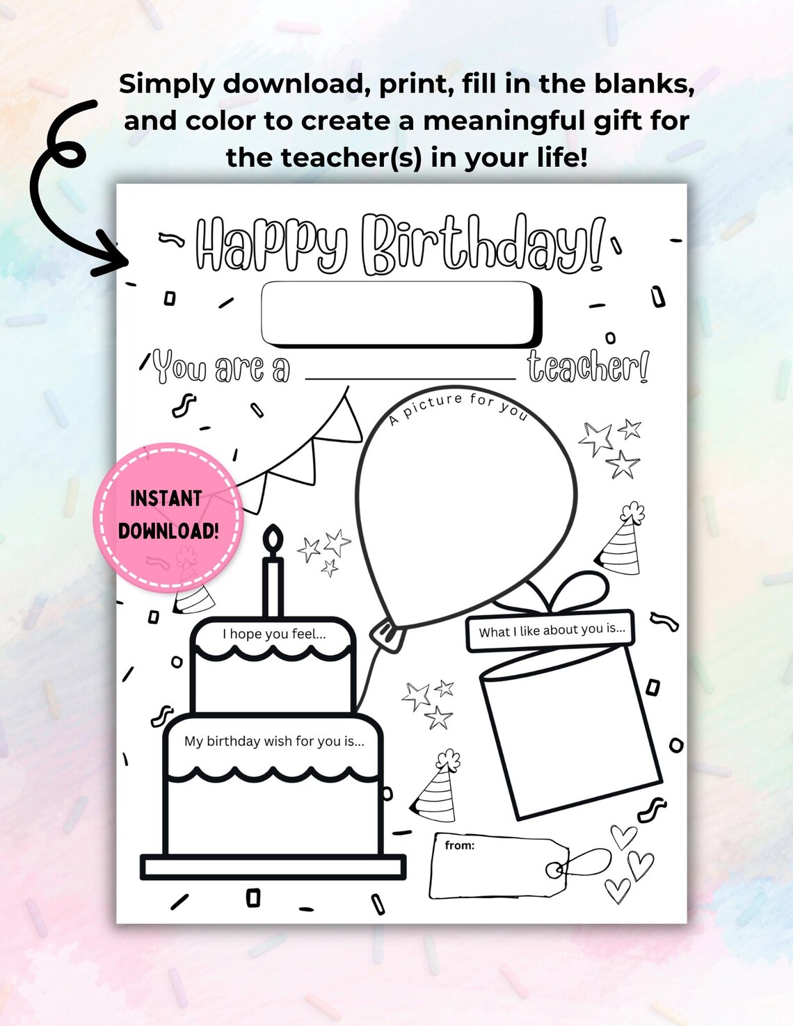 Teacher Birthday Card Printable: Fill-in Coloring Page (PDF) - Etsy