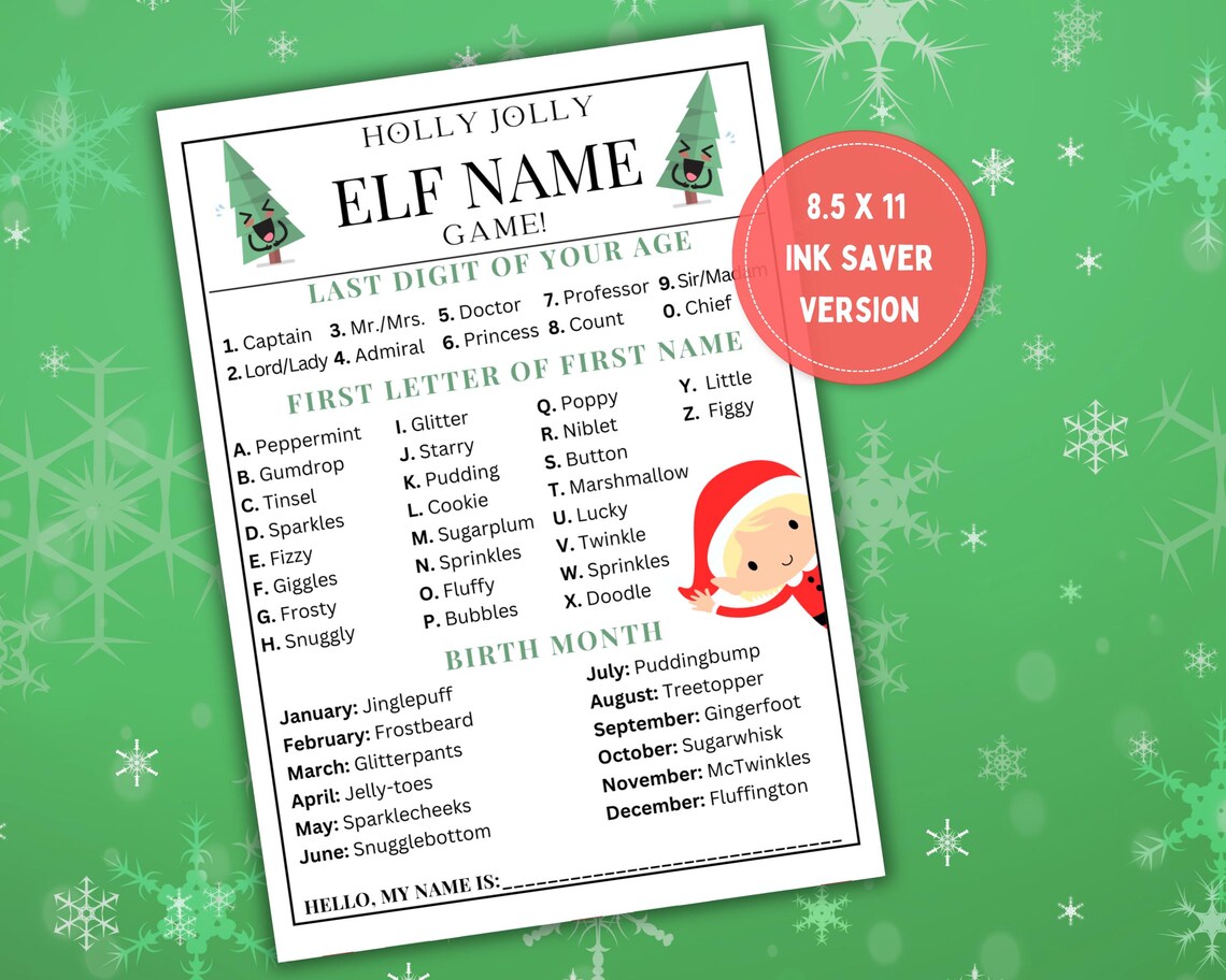Elf Name Game: Printable Christmas Party Activity (digital Download) - Etsy