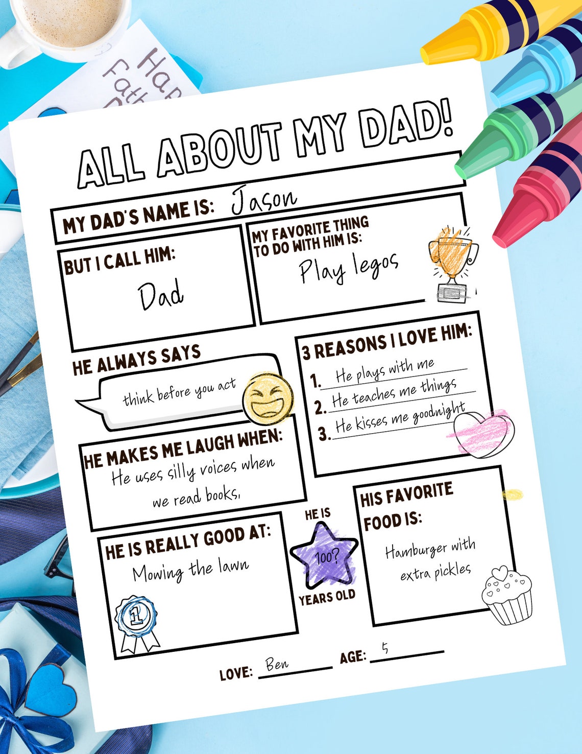 All About My Dad Page Printable Fathers Day Questionnaire Happy ...