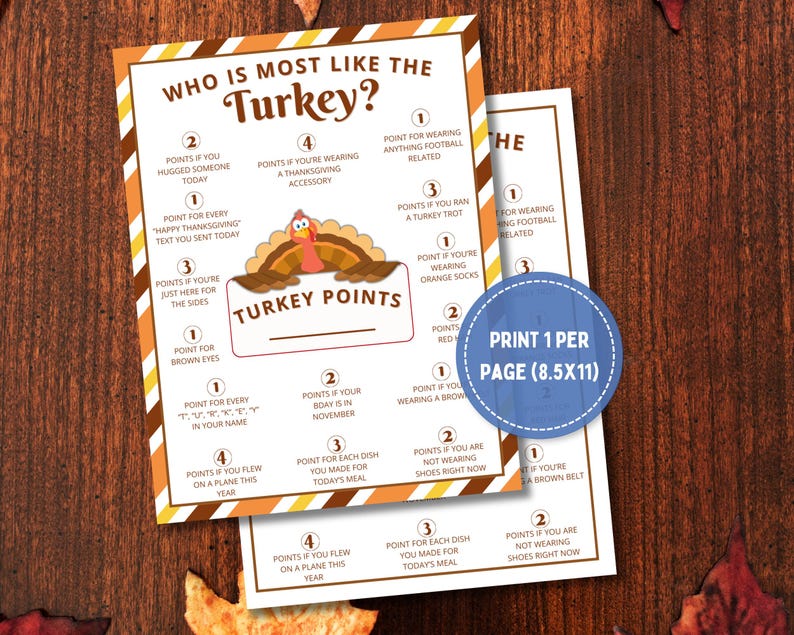 Thanksgiving Game: Who is Most Like the Turkey? (printable) - Etsy
