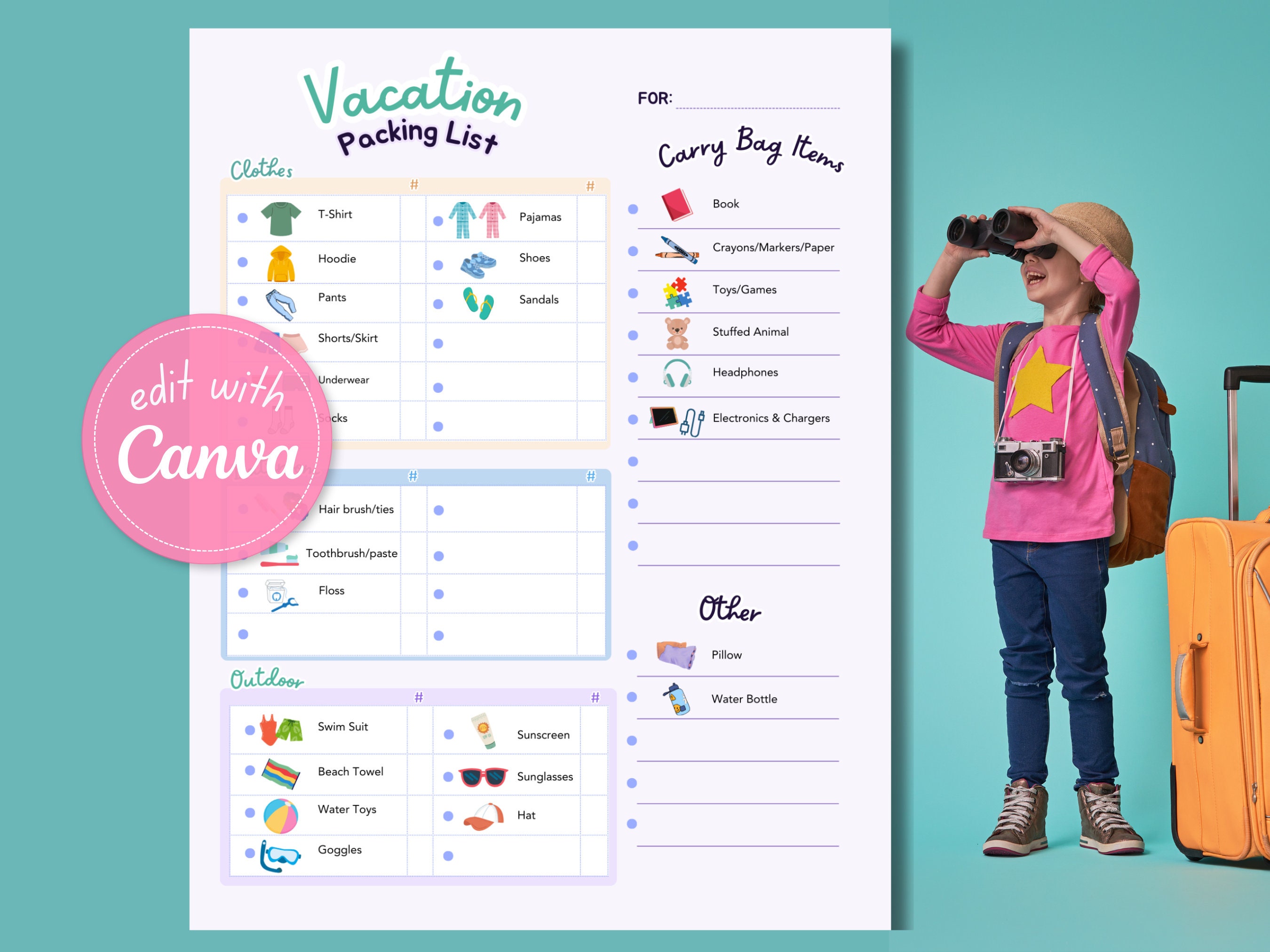 Kids Vacation Packing List: Visual Checklist, Editable Template ...