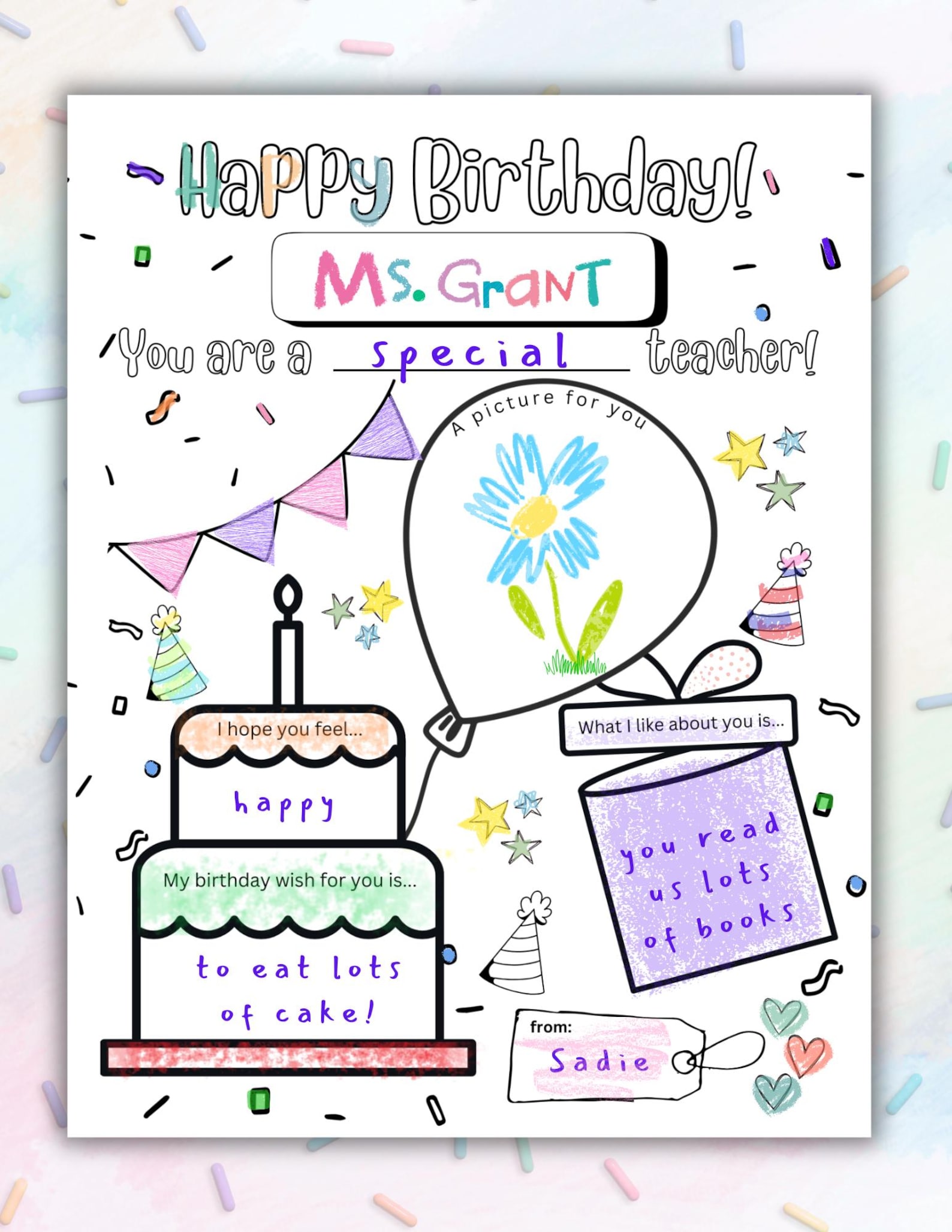 Teacher Birthday Card Printable: Fill-in Coloring Page (PDF) - Etsy