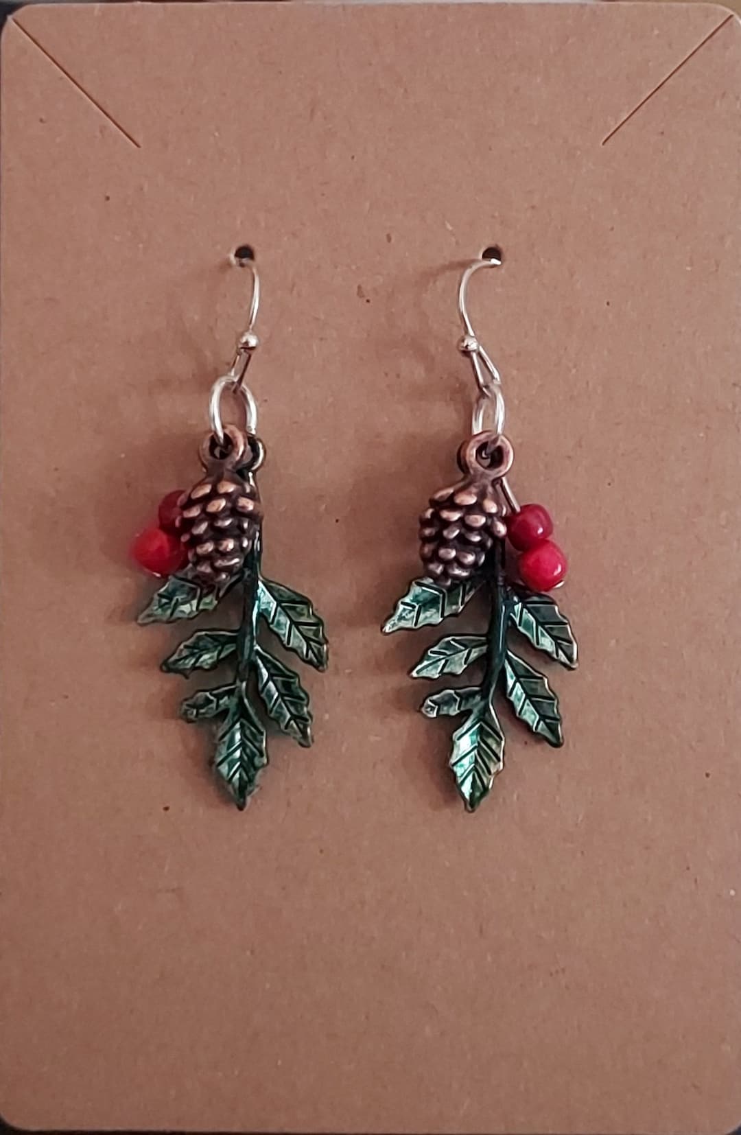 Holly Berry and Pinecone Dangle Earrings - Etsy