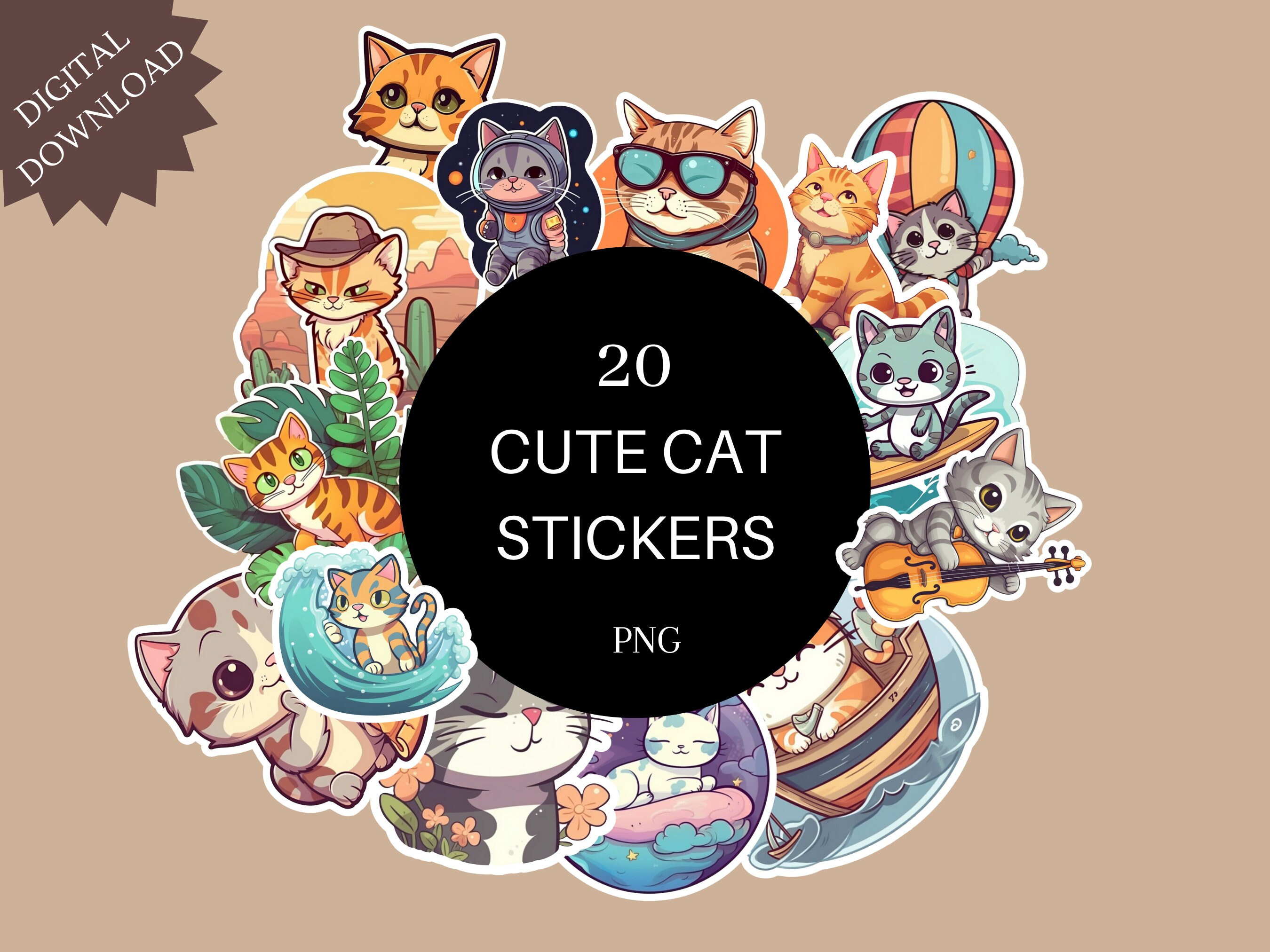 Cute Cat Printable Stickers, Funny Cat Stickers, Cute Animal Stickers ...