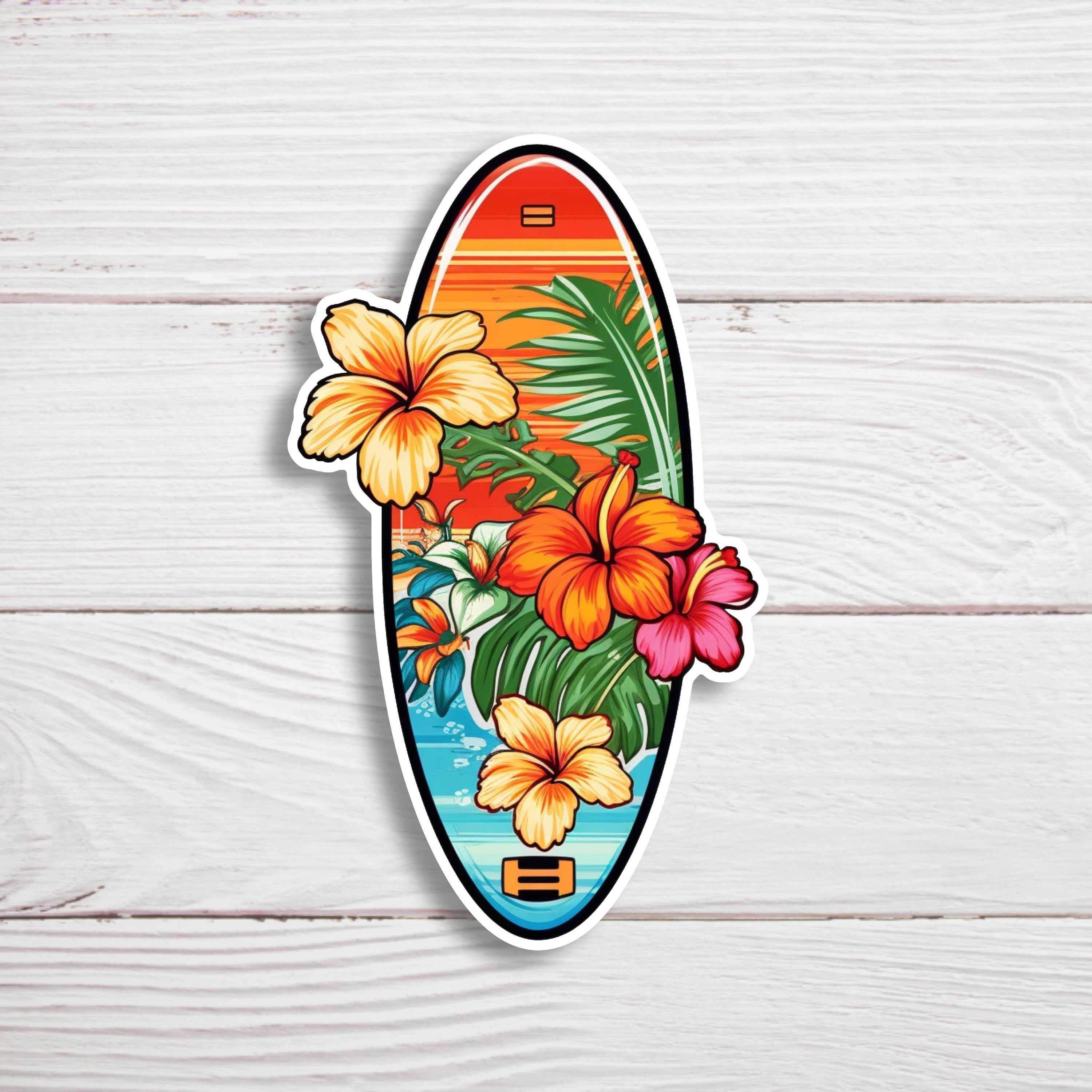 Hawaii Inspired Surfboard Sticker With Hibiscus Flowers Waterproof ...