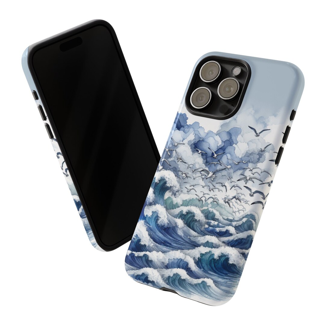 Watercolor Ocean Waves Seagulls Bird Blue Clouds Sky Matte or Glossy ...