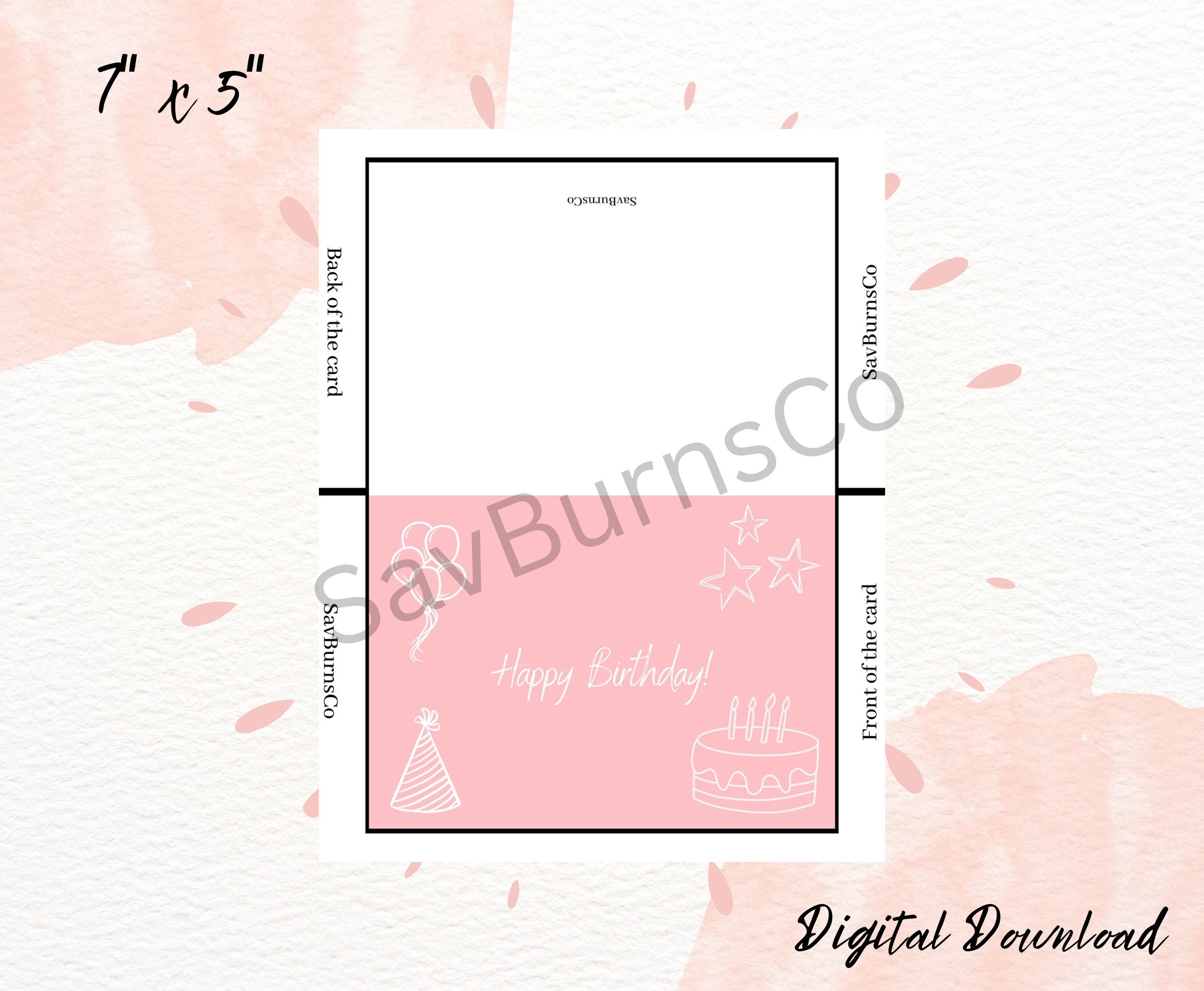 Printable Pink + White Happy Birthday Card, 7" X 5" Digital Download - Etsy
