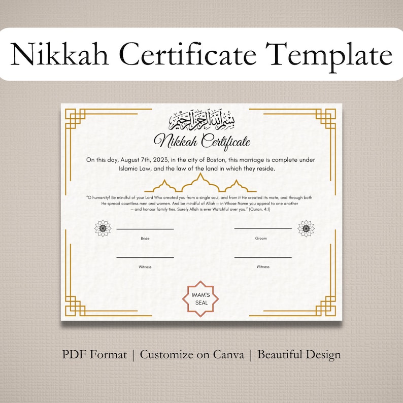 Elegant Nikkah Certificate Template: Islamic Wedding Decor (printable ...