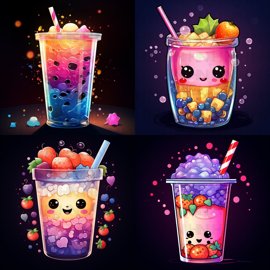 Colorful Boba Drink Image. Vibrant Cute Kawaii Boba Tea Print ...