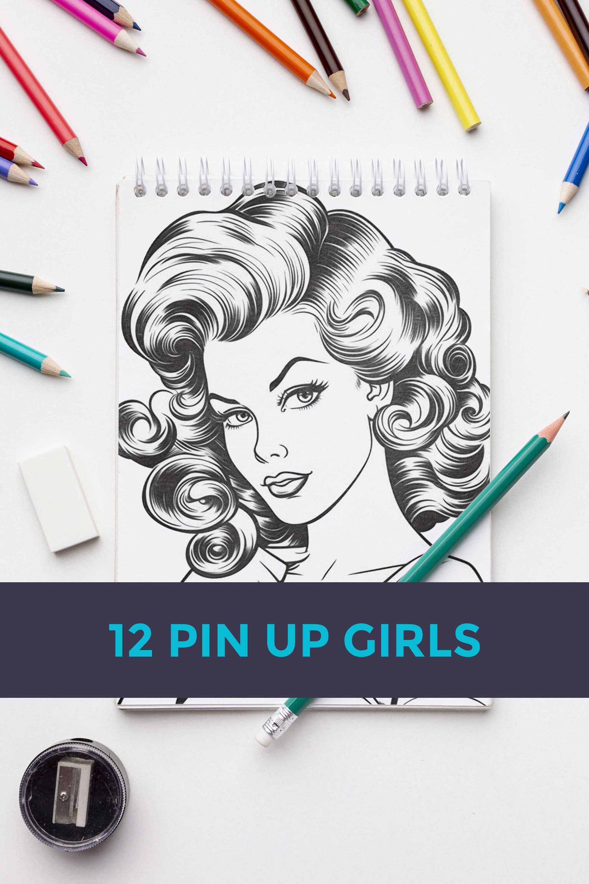 12 Beautiful Pin up Girls, Coloring Pages for Adults, Grayscale ...
