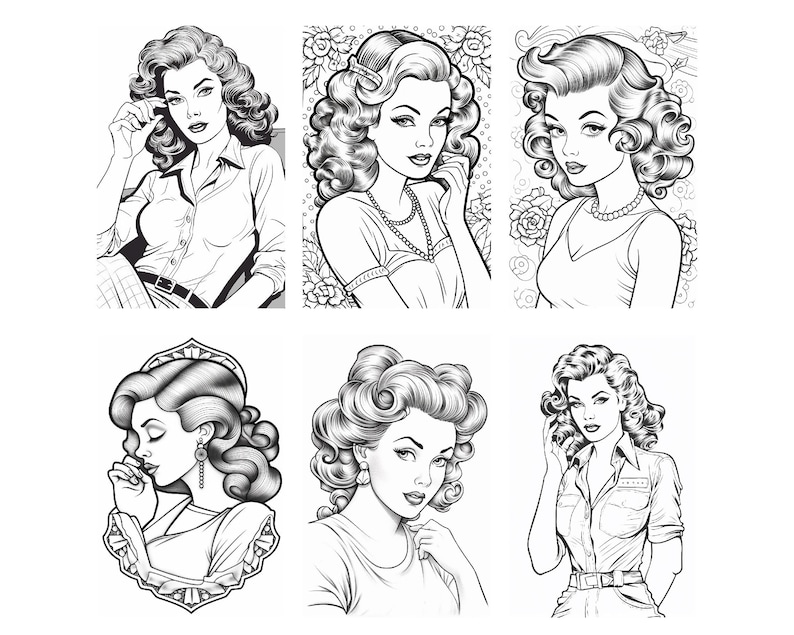 12 Beautiful Pin up Girls, Coloring Pages for Adults, Grayscale ...