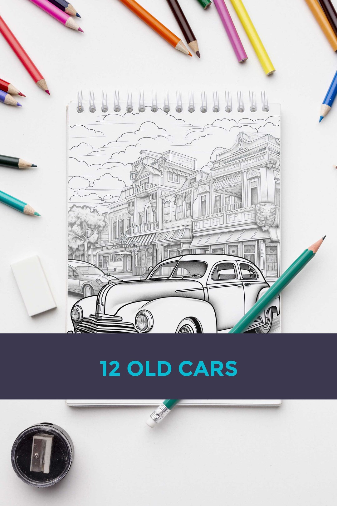 12 Old Style Cars, Coloring Pages for Adults and Kids, Grayscale ...