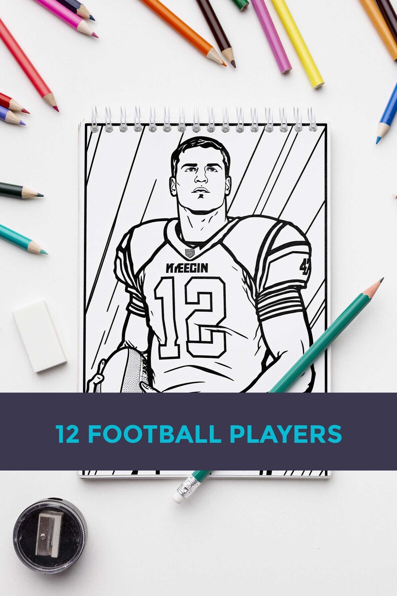 12 Football Players, Coloring Pages for Adults and Kids, Grayscale ...