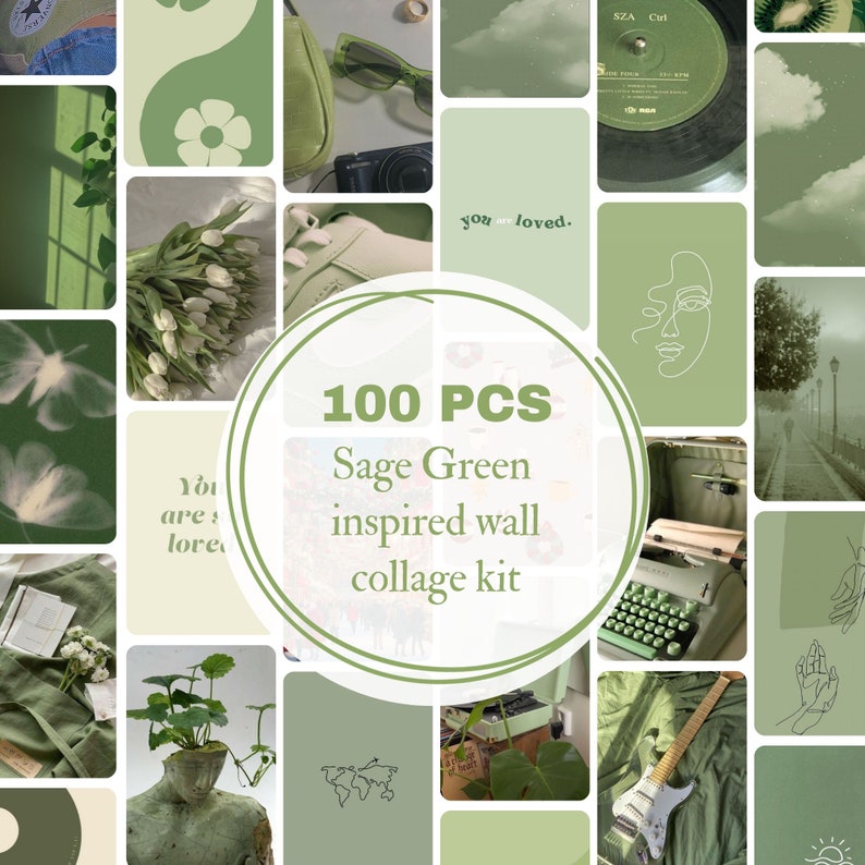 100 PCS Sage Green Wall Collage Kit Aesthetic Sage Green Photo Collage ...