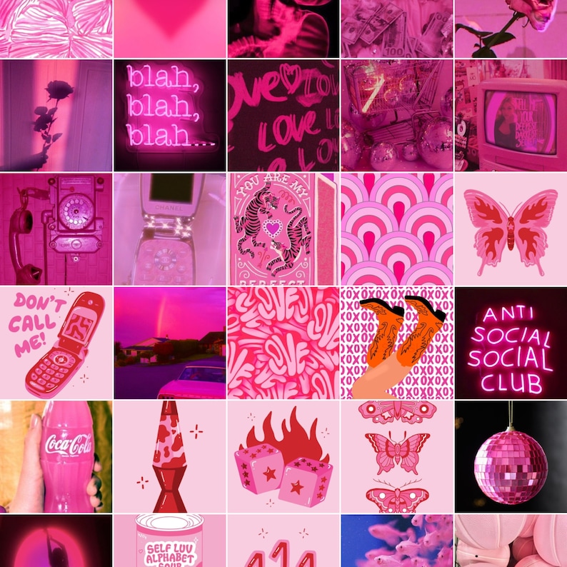100 Pcs Hot Pink Boujee Wall Collage Kit Neon Pink Aesthetic Photo