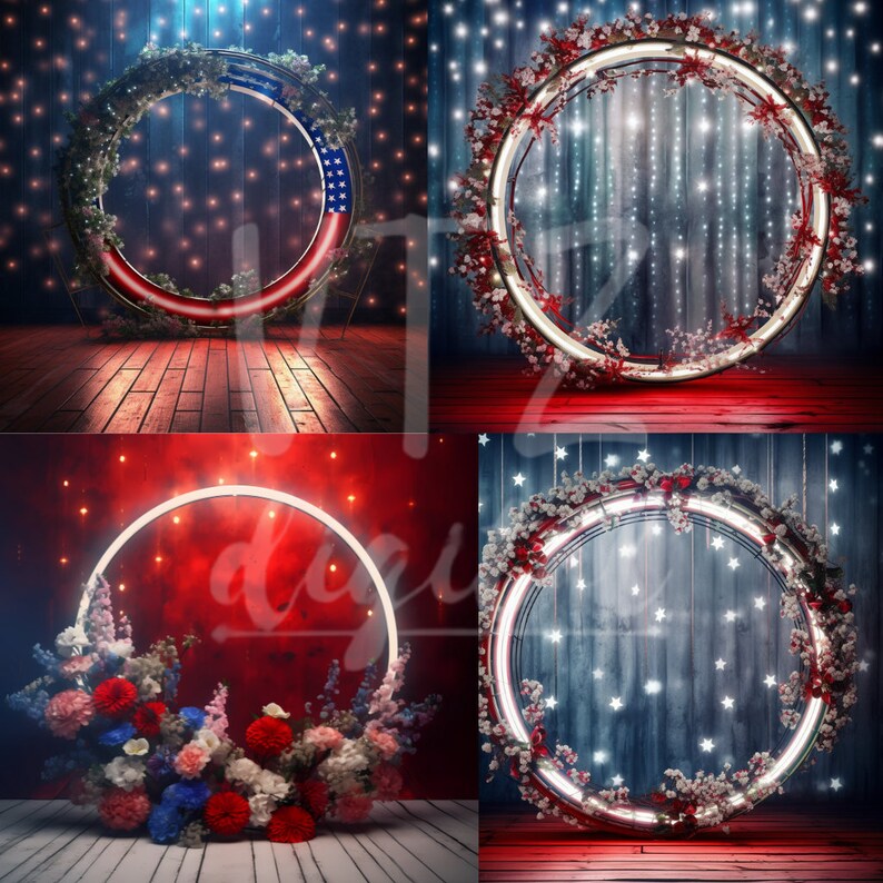 Fourth of July Hanging Floral Ring Digital Backdrops Overlays With ...