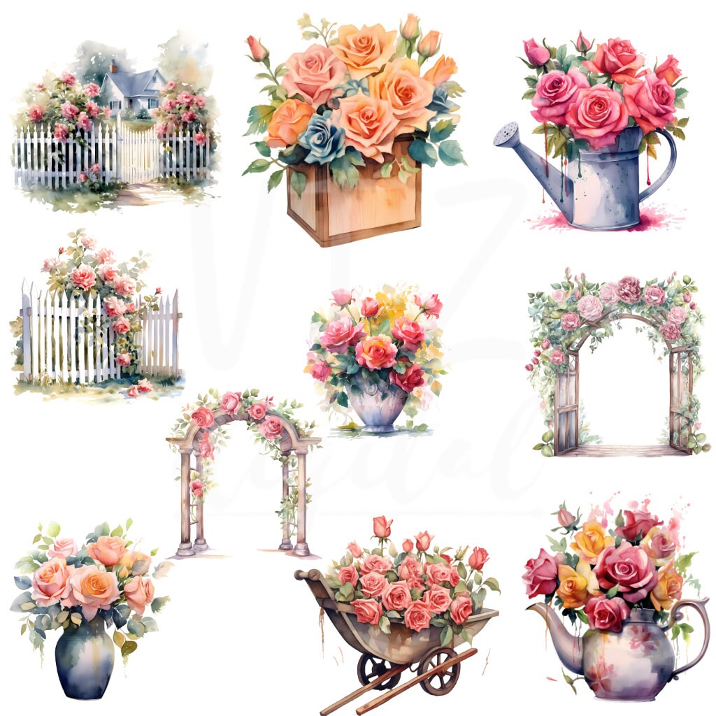 Watercolor Rose Garden Clipart 40 Images Great for Birthday Wedding ...