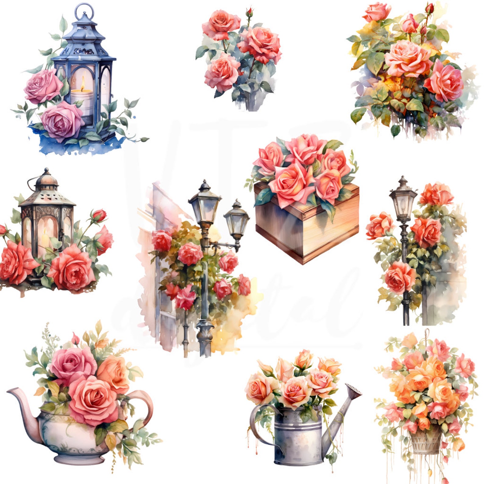 Watercolor Rose Garden Clipart 40 Images Great for Birthday Wedding ...