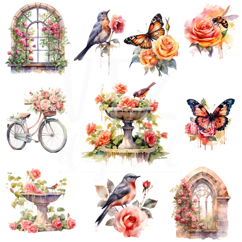 Watercolor Rose Garden Clipart 40 Images Great for Birthday Wedding ...