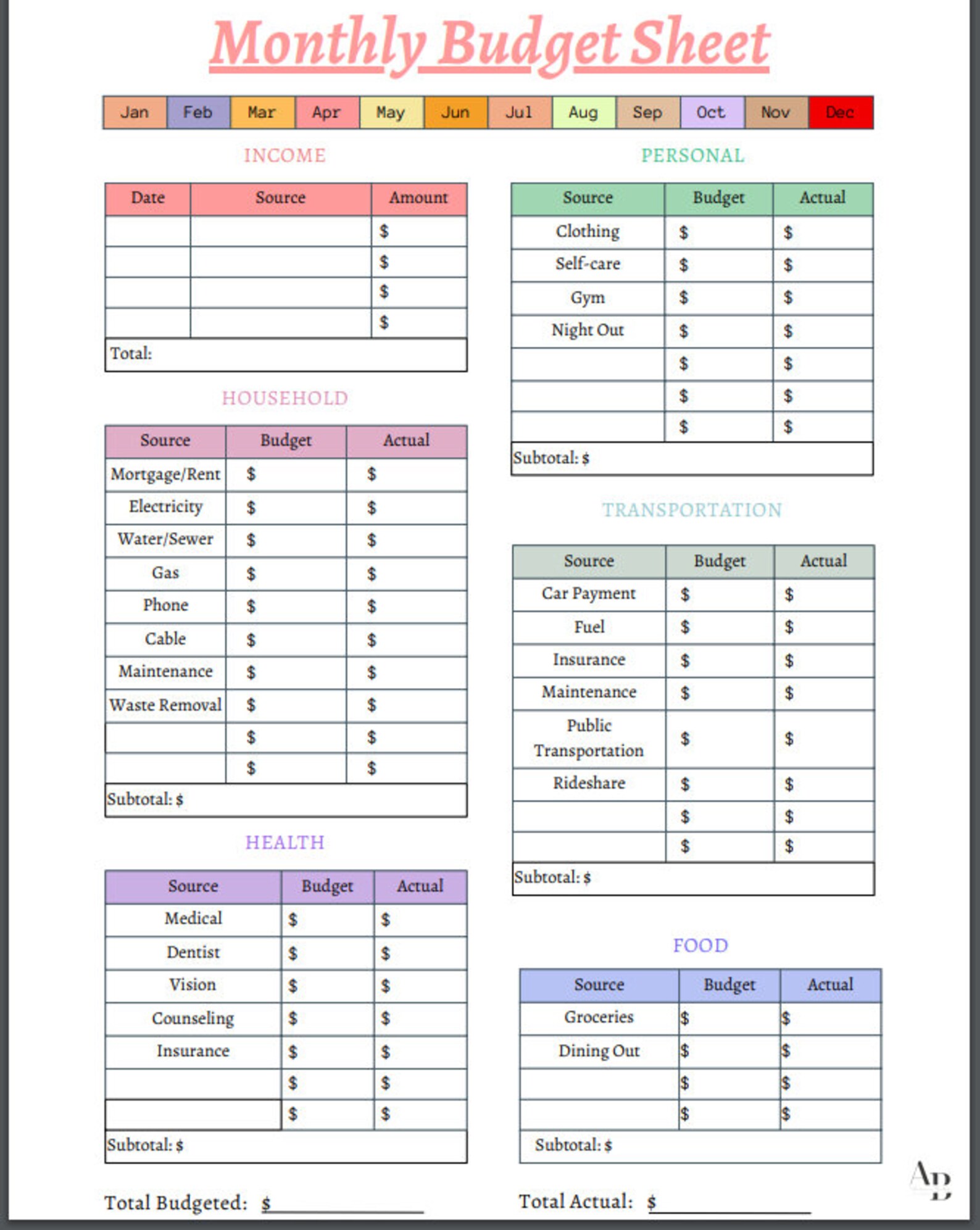 Monthly Budget Sheet - Etsy