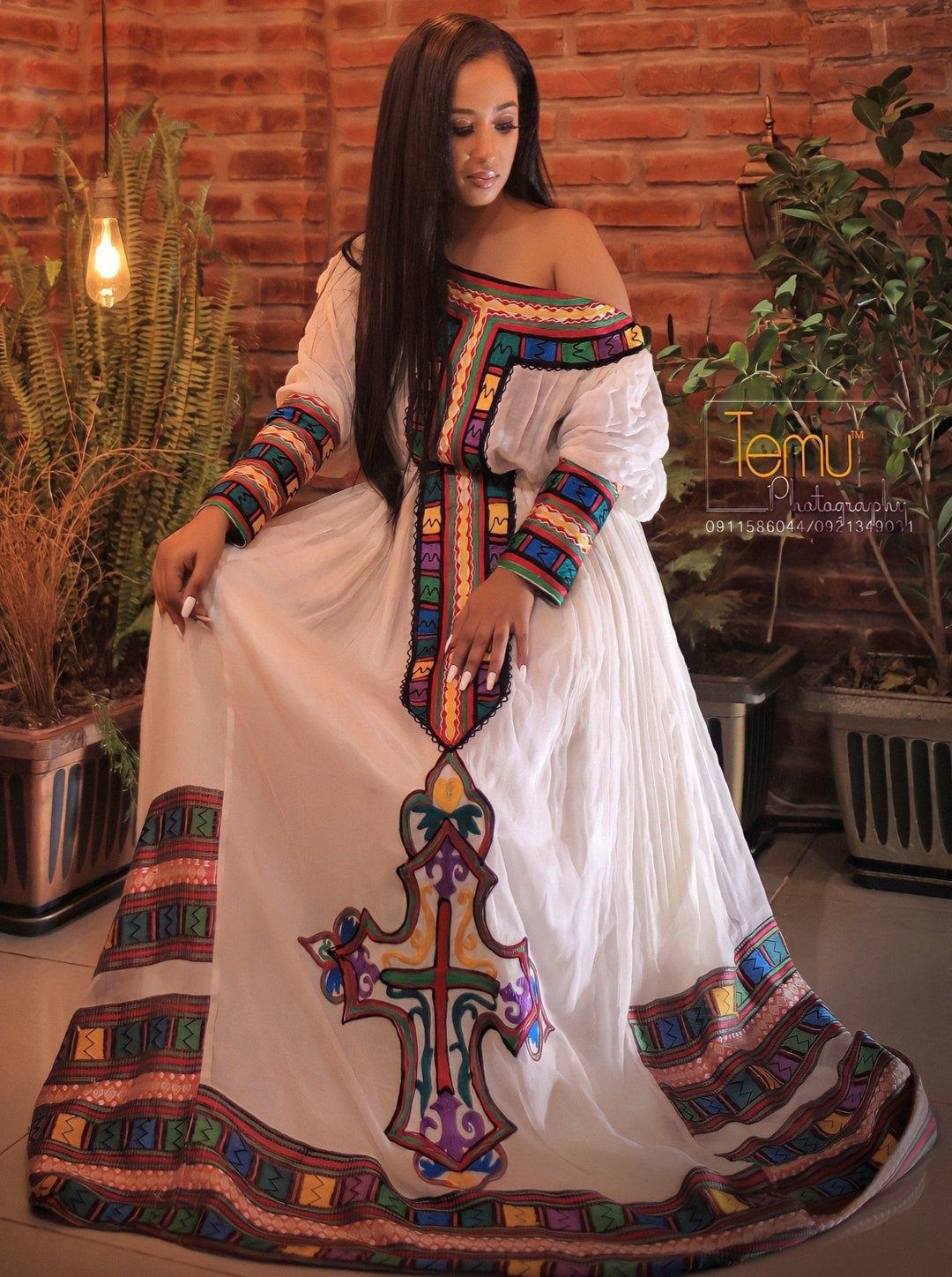 Ethiopian Elegance: White Full Sleeve Habesha Kemis With Cross Detail ...