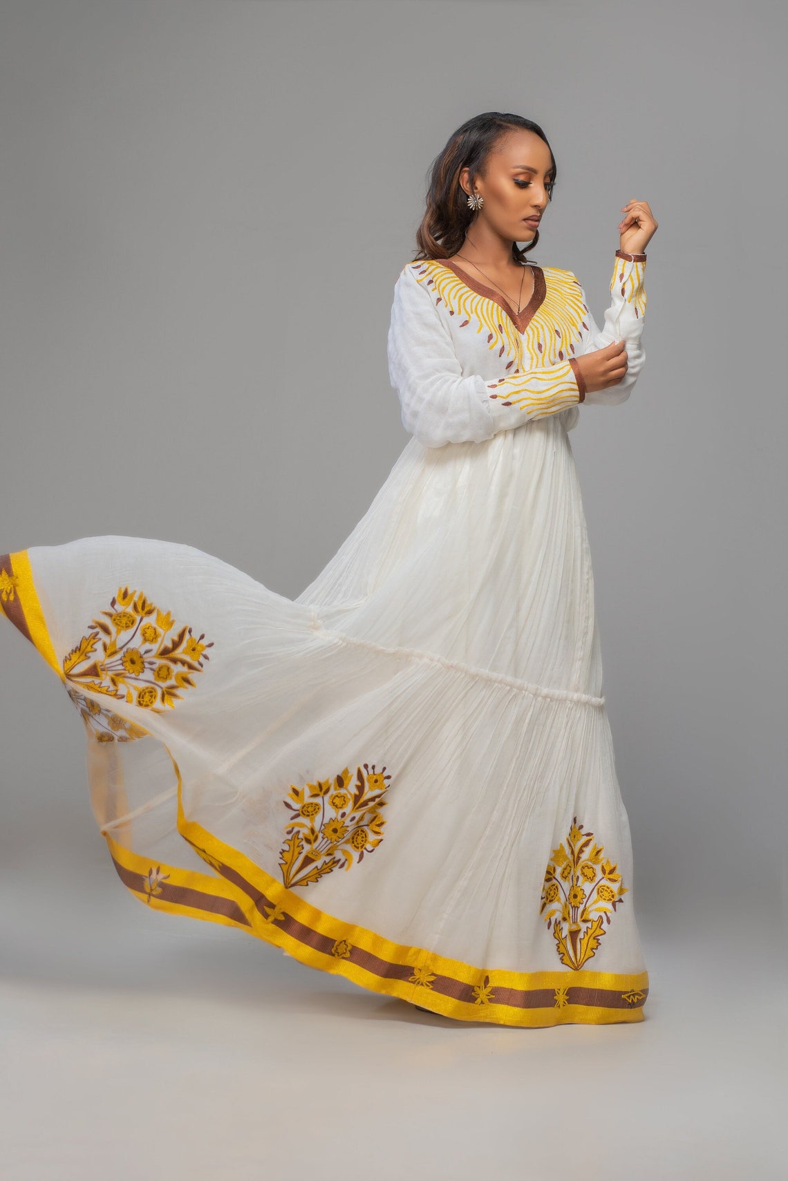 Ethiopian Cultural Charm: White Ankle-length Habesha Kemis With V-neck ...