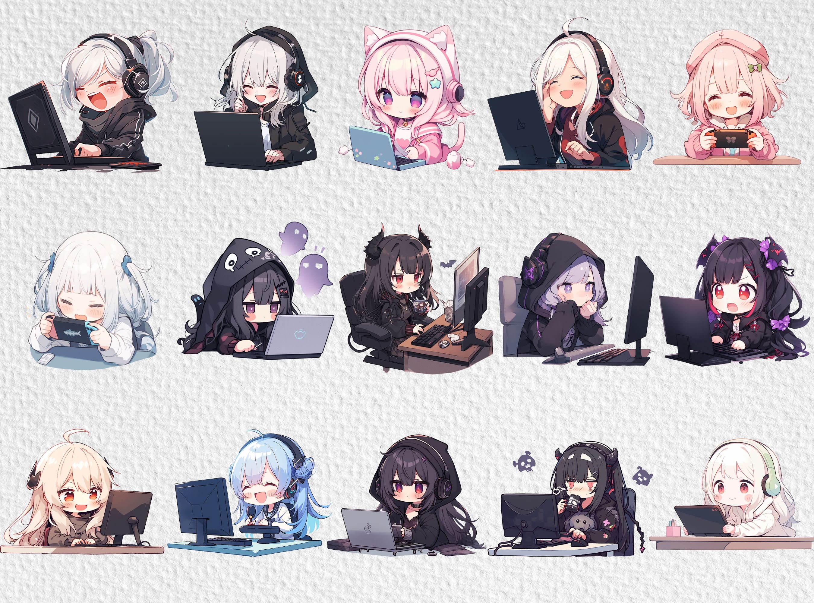 Chibi Anime Gamer Girls Clipart Bundle Kawaii Happy Goth Etsy