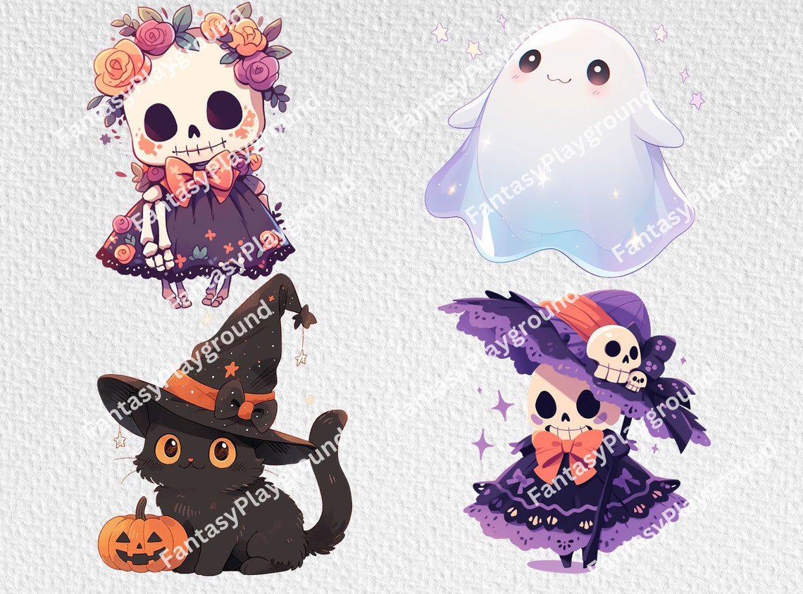 Cute & Spooky Halloween Clipart Ghosts Skeletons Pumpkins Cats 20 ...