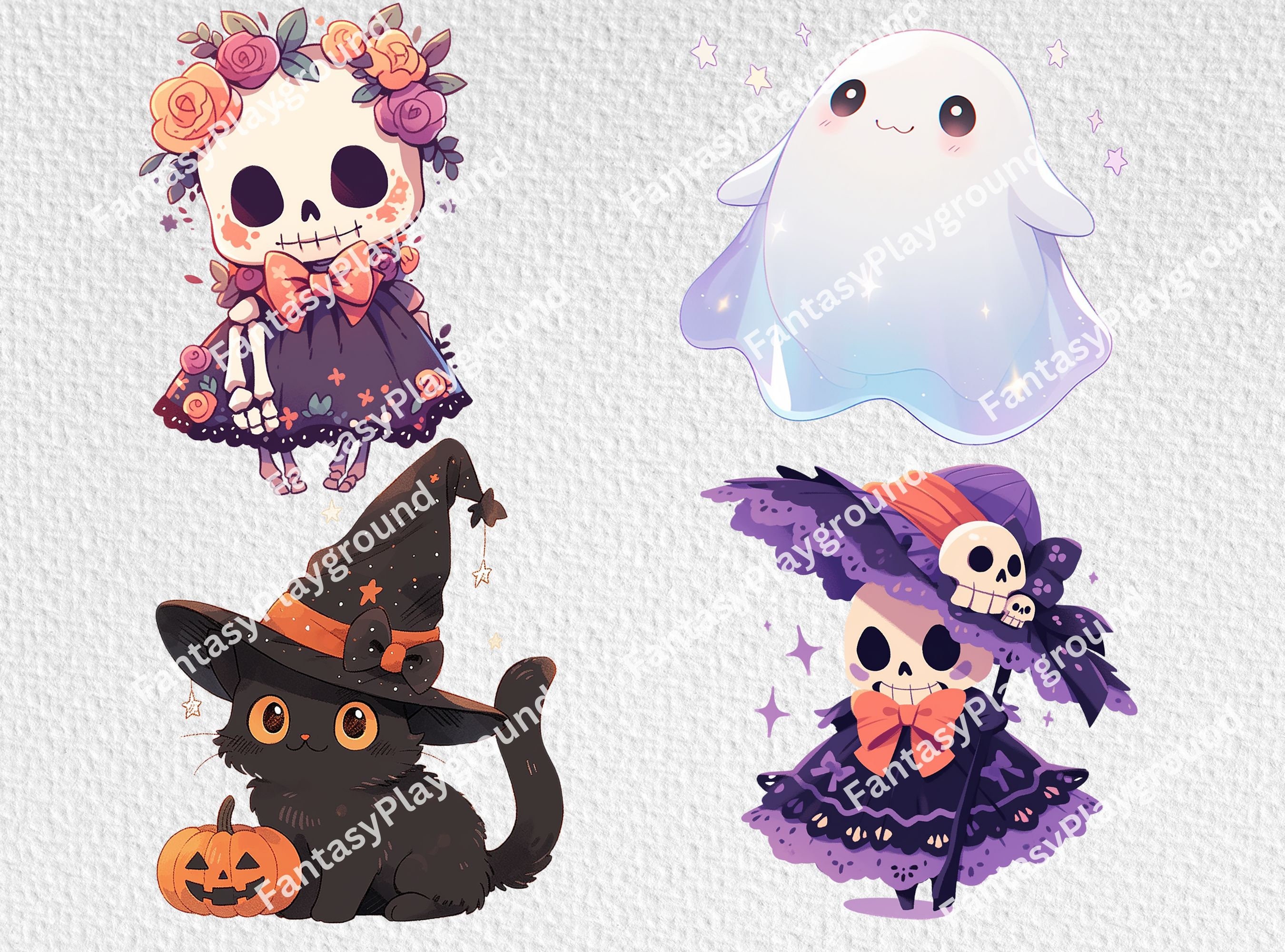 Cute & Spooky Halloween Clipart Ghosts Skeletons Pumpkins Cats 20 ...