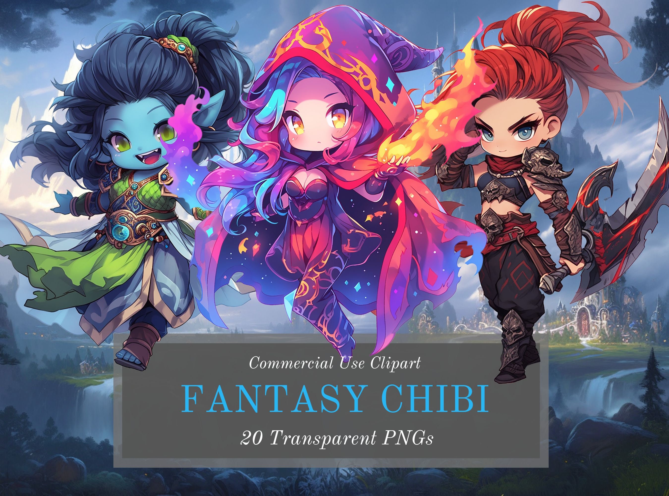 Fantasy Chibi Clipart Bundle - Swords, Magic, and Fun! - 20 Transparent ...