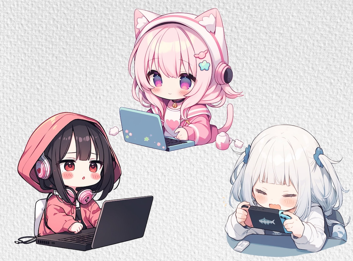 Chibi Anime Gamer Girls Clipart Bundle Kawaii Happy Goth - Etsy