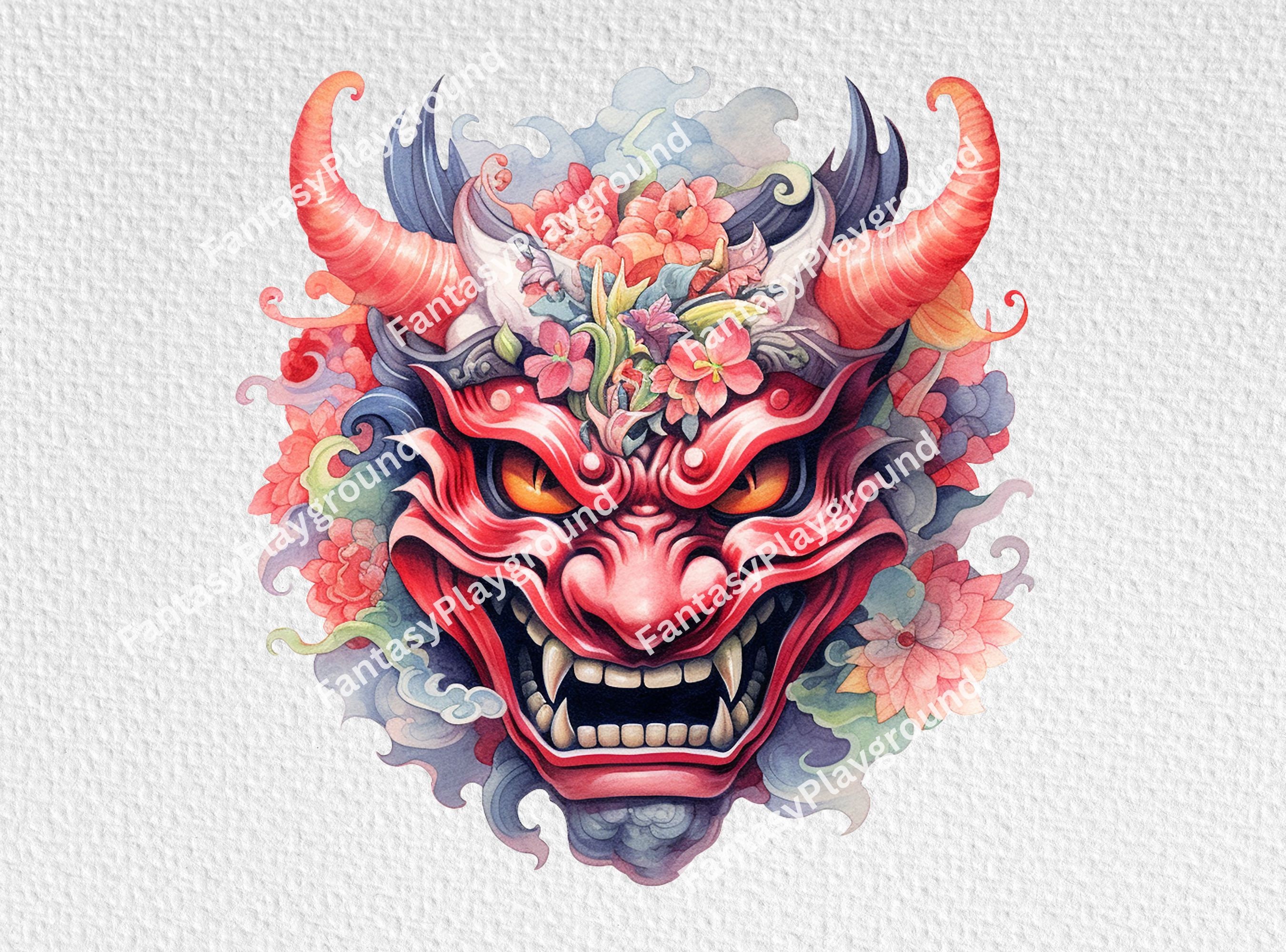 Watercolor Japanese Demon Face Clipart Hannya Tattoo Style - Etsy