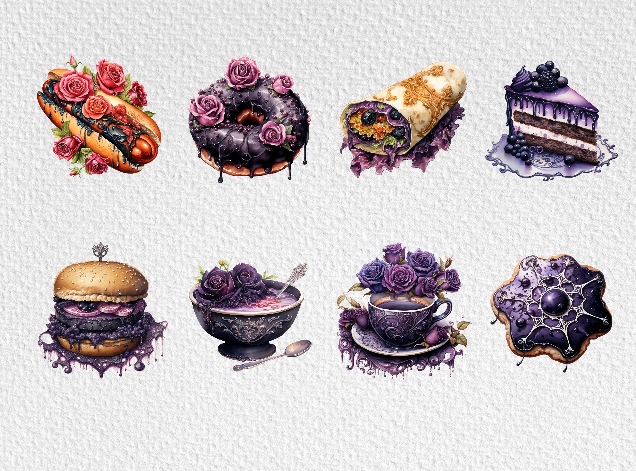 Goth Style Food Clipart Bundle - Dark Watercolor Gothic Delicacies - 16 ...