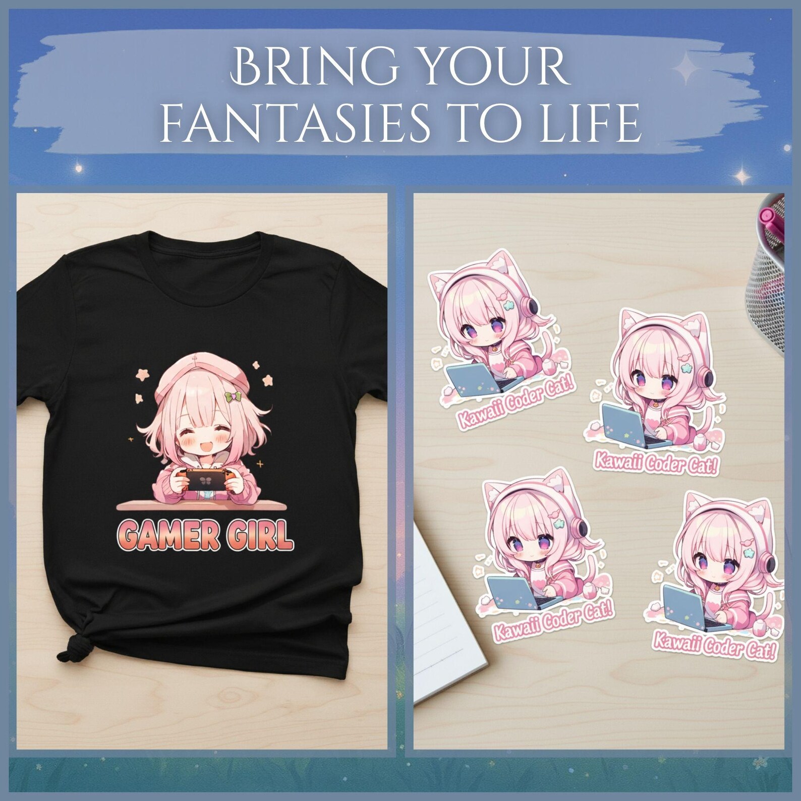 Chibi Anime Gamer Girls Clipart Bundle - Kawaii, Happy, Goth Streamer ...