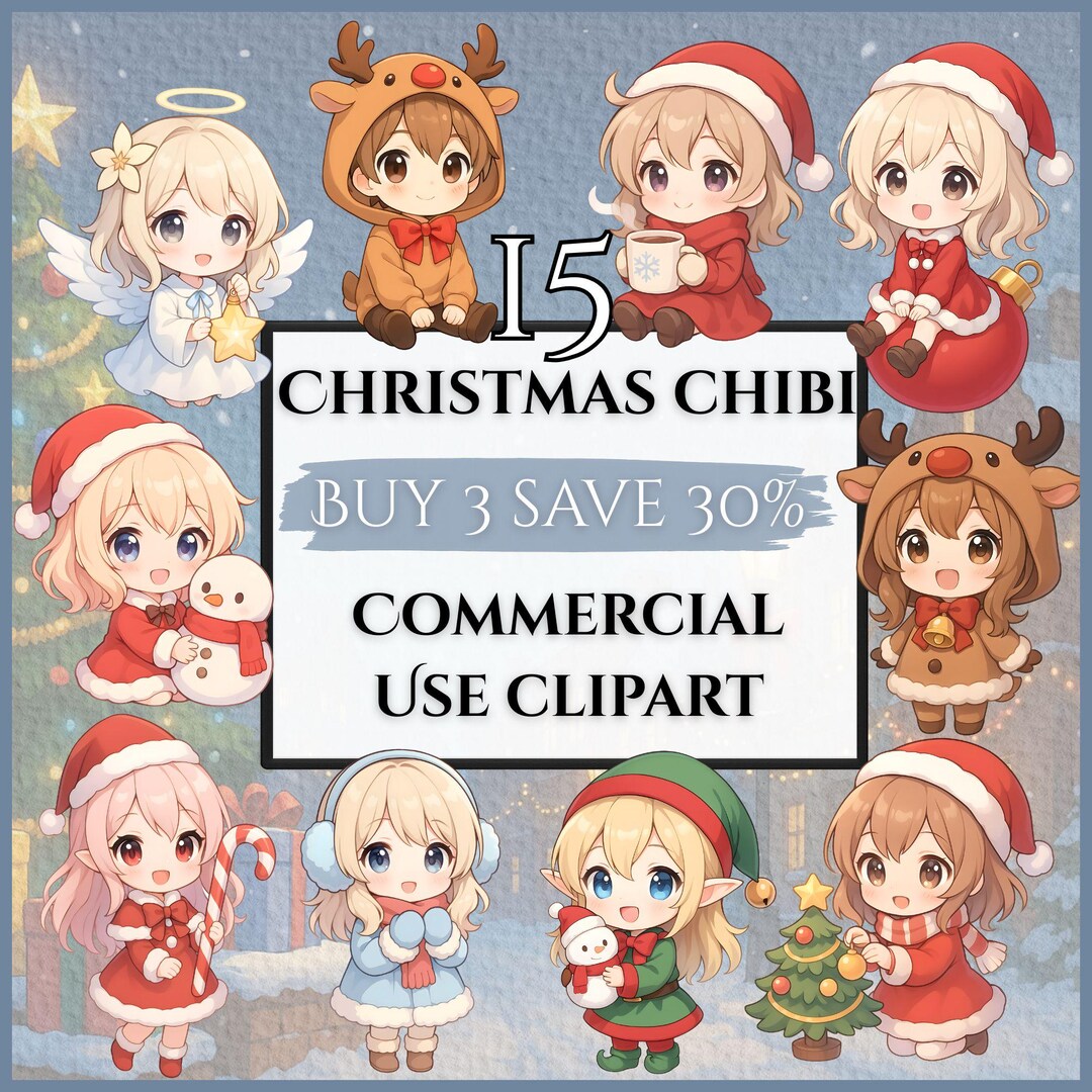 Christmas Chibi Clipart Pack • 15 Pngs • Cute Anime Holiday Characters ...