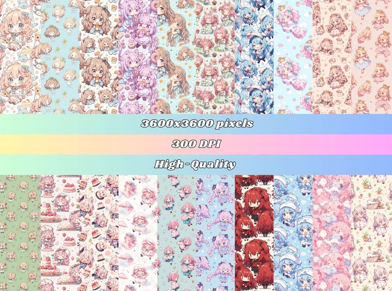 CUTE CHIBI ART Chibi Anime Seamless Pattern Printable Digital Paper ...