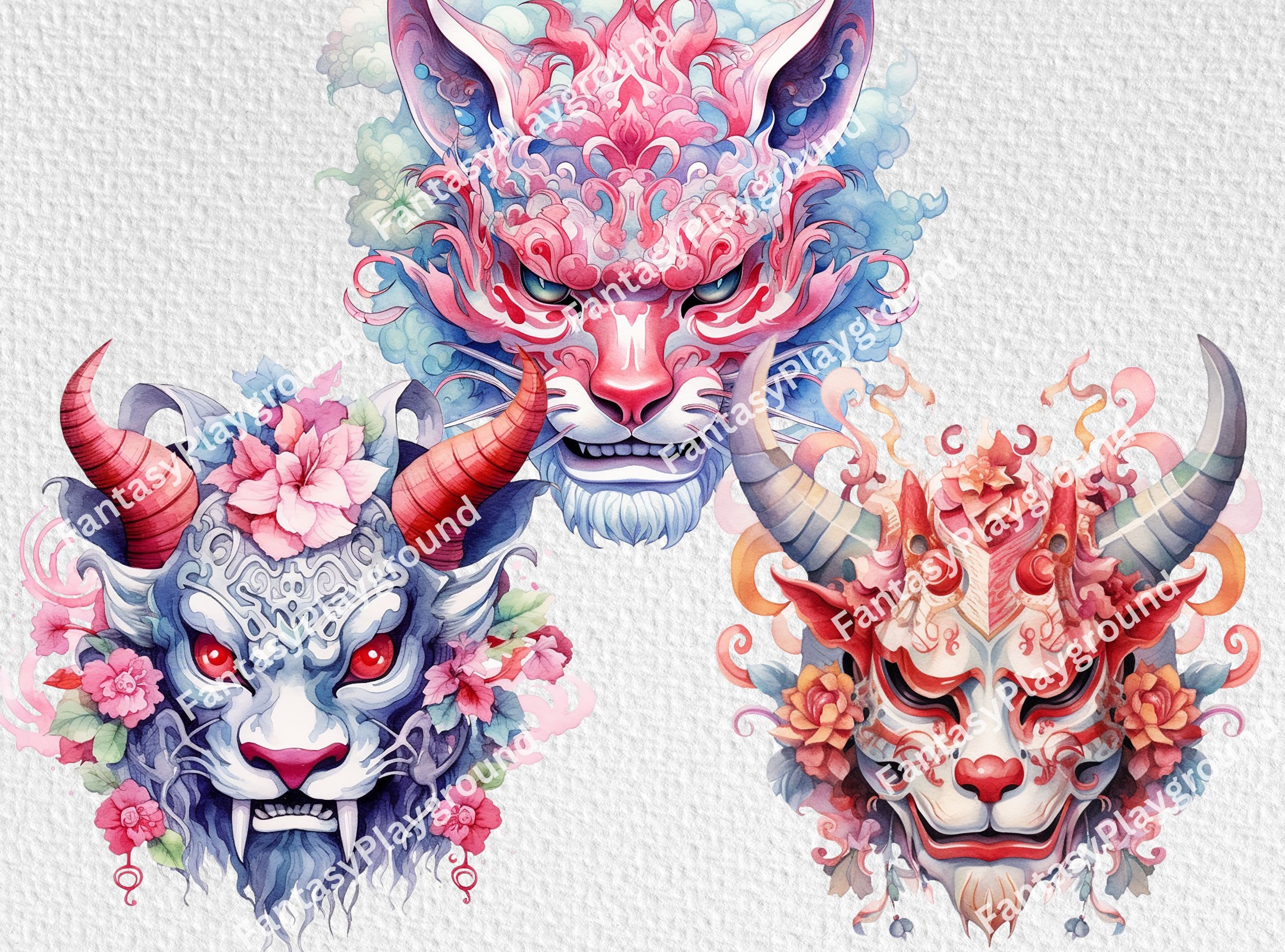 Watercolor Japanese Demon Face Clipart Hannya Tattoo Style 22 ...