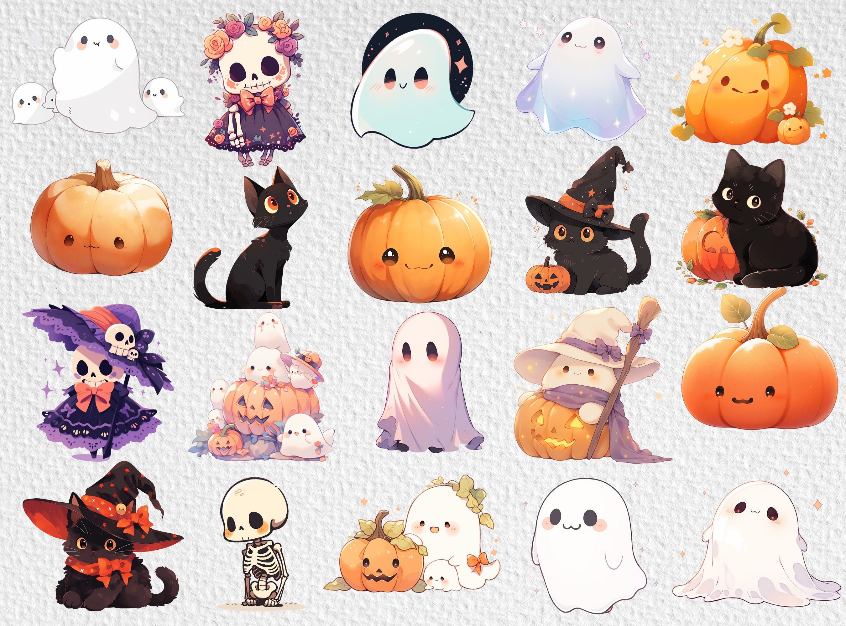 Cute & Spooky Halloween Clipart Ghosts Skeletons Pumpkins Cats 20 ...