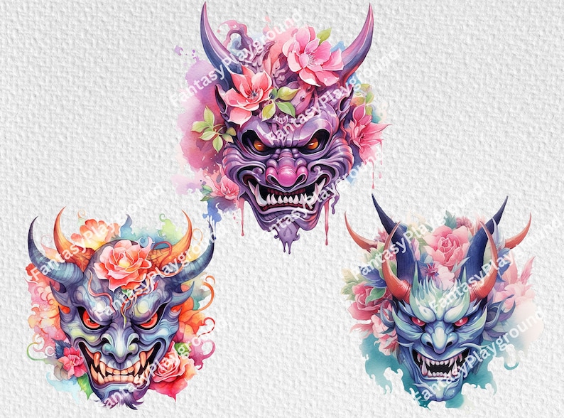 Watercolor Japanese Demon Face Clipart Hannya Tattoo Style 11 ...