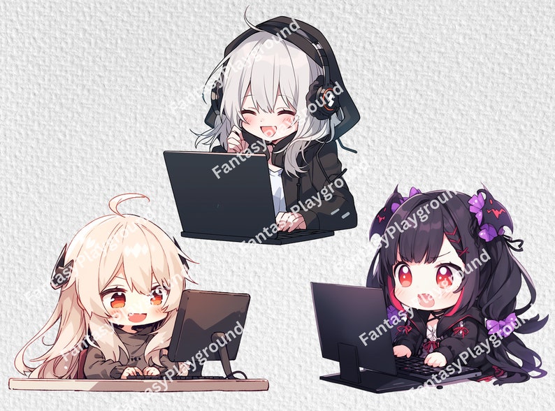Chibi Anime Gamer Girls Clipart Bundle - Kawaii, Happy, Goth Streamer ...