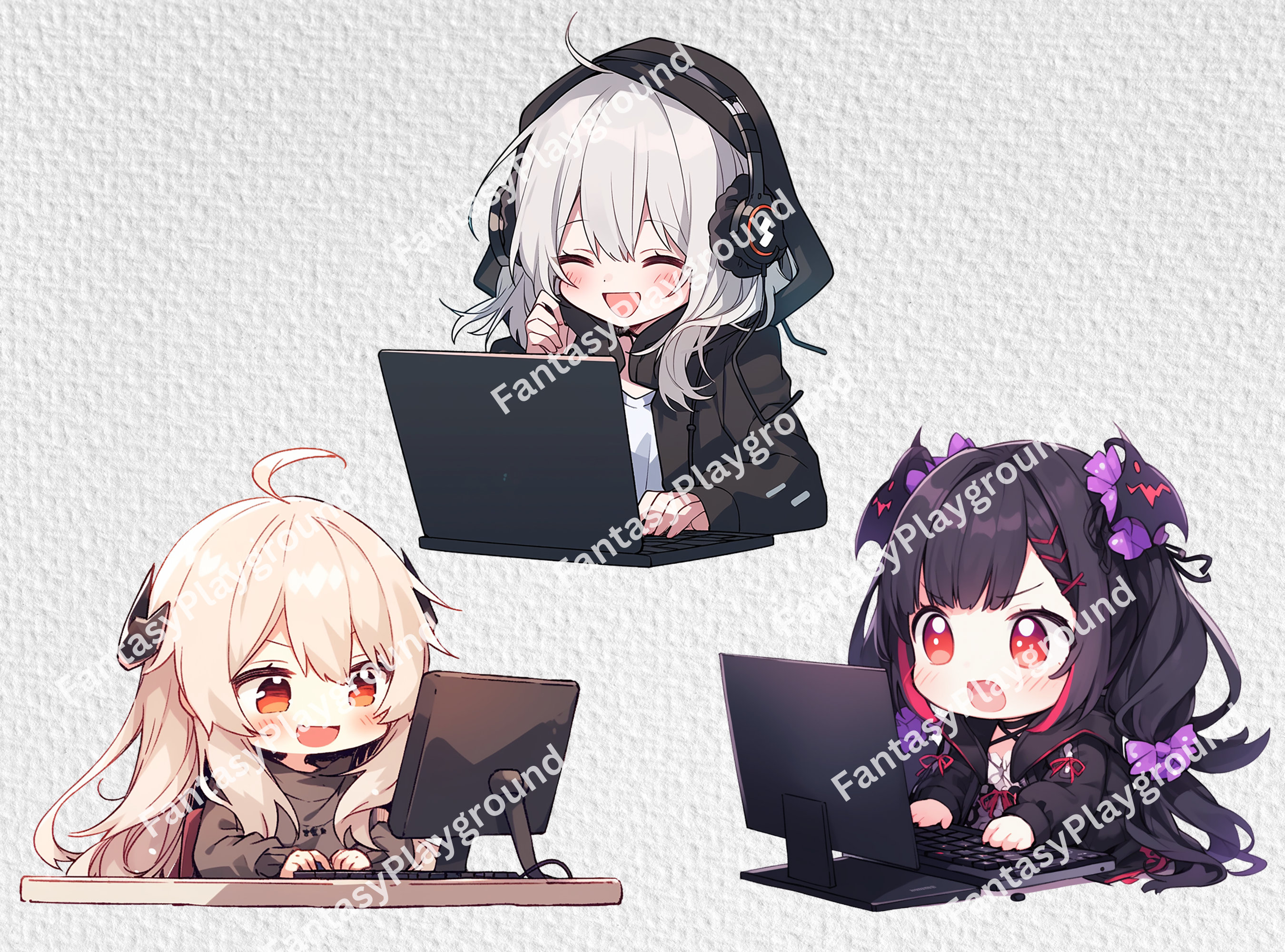 Chibi Anime Gamer Girls Clipart Bundle - Kawaii, Happy, Goth Streamer ...