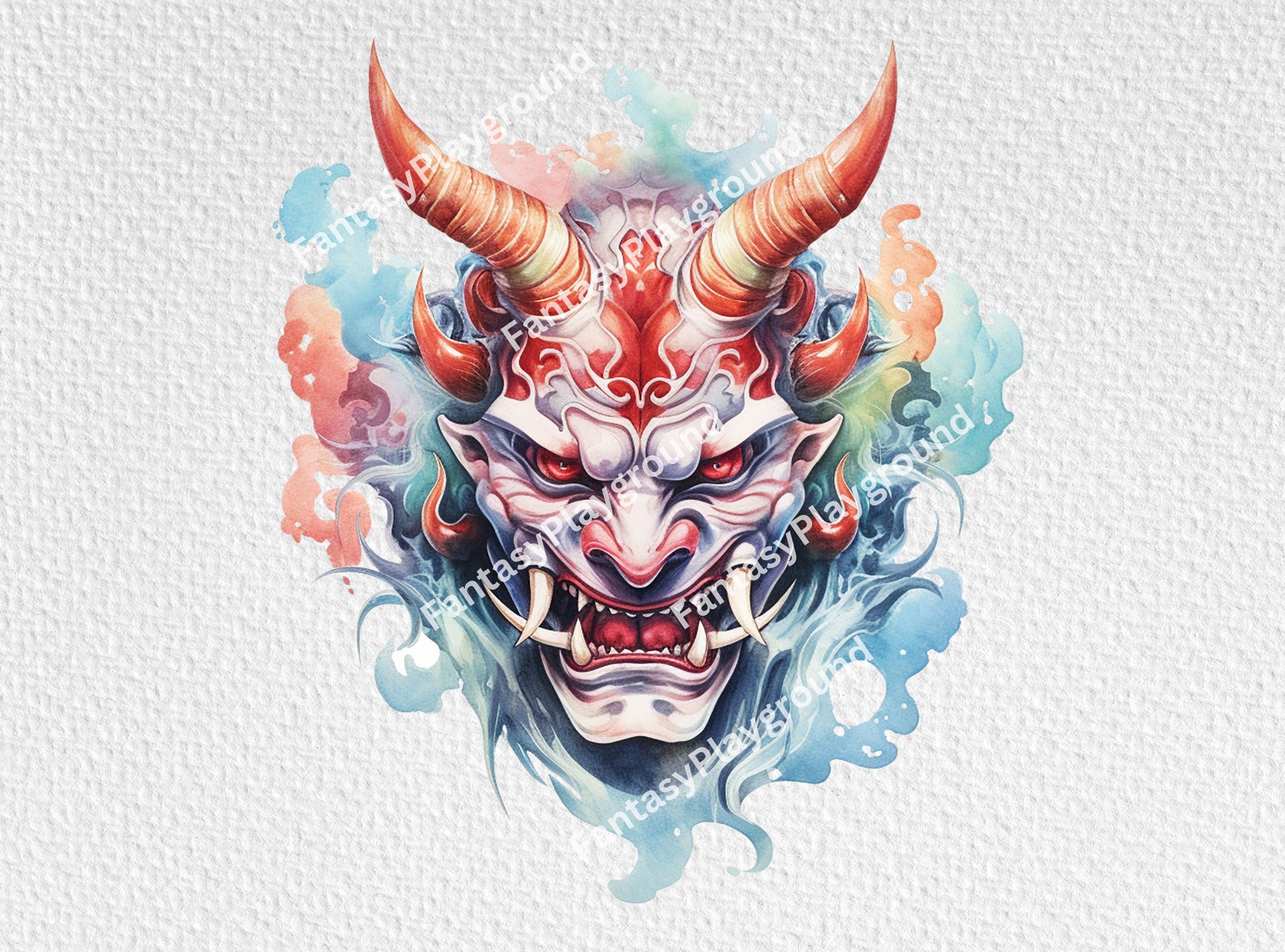 Watercolor Japanese Demon Face Clipart Hannya Tattoo Style - Etsy