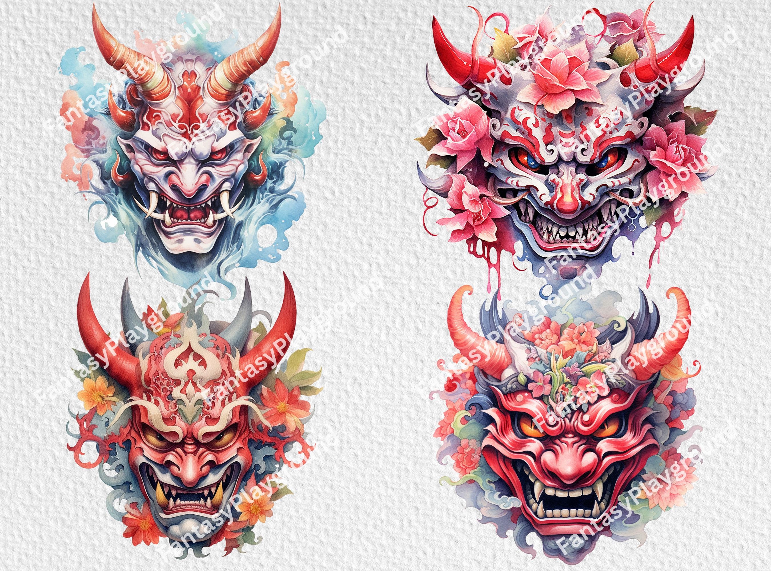 Watercolor Japanese Demon Face Clipart Hannya Tattoo Style 11 ...