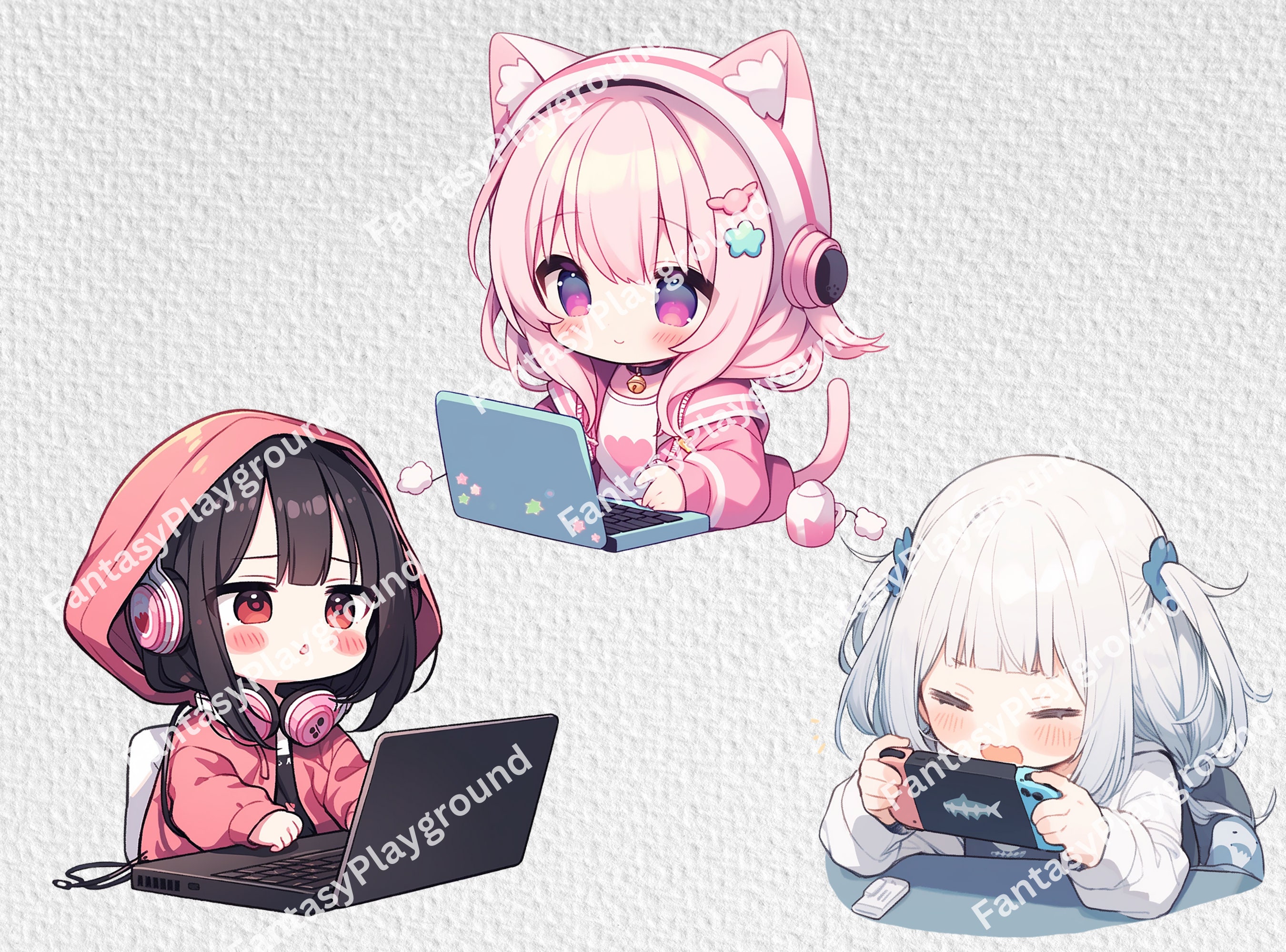 Chibi Anime Gamer Girls Clipart Bundle Kawaii, Happy, Goth Streamer 30 ...