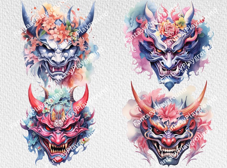 Watercolor Japanese Demon Face Clipart Hannya Tattoo Style - Etsy