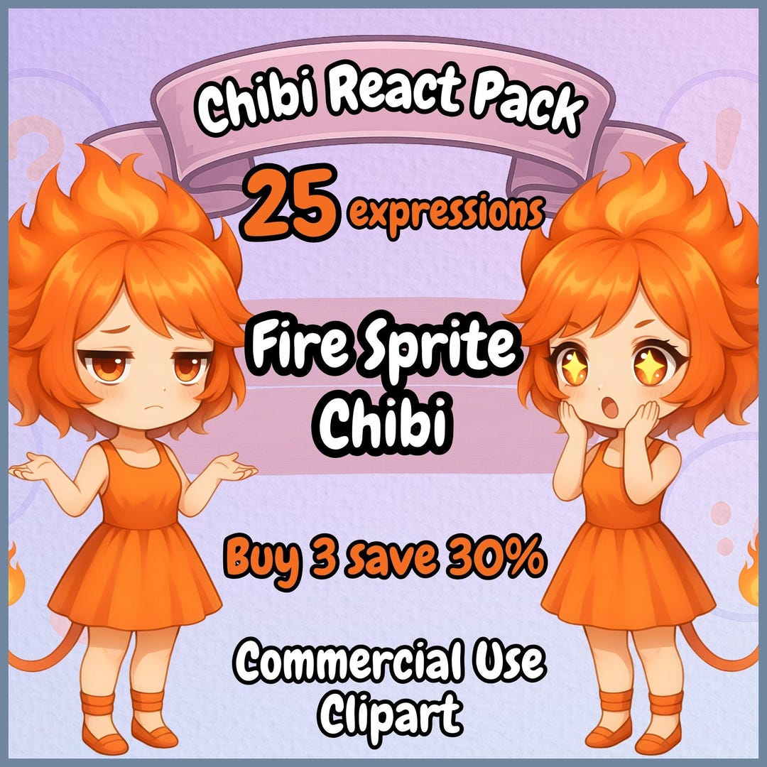 Chibi React Pack • 25 Pngs • Fire Sprite Anime Girl Clipart • Cute ...