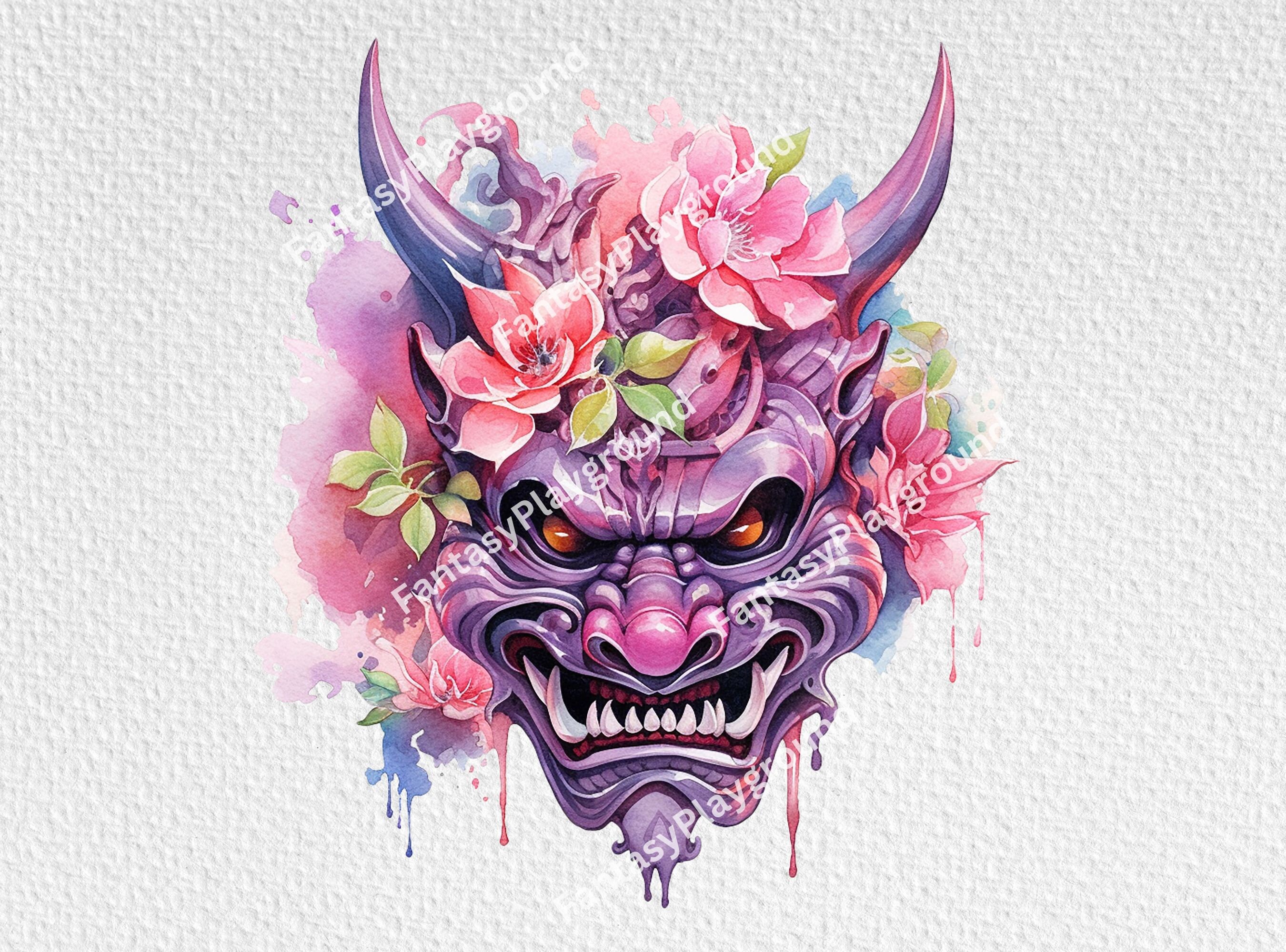 Watercolor Japanese Demon Face Clipart Hannya Tattoo Style - Etsy