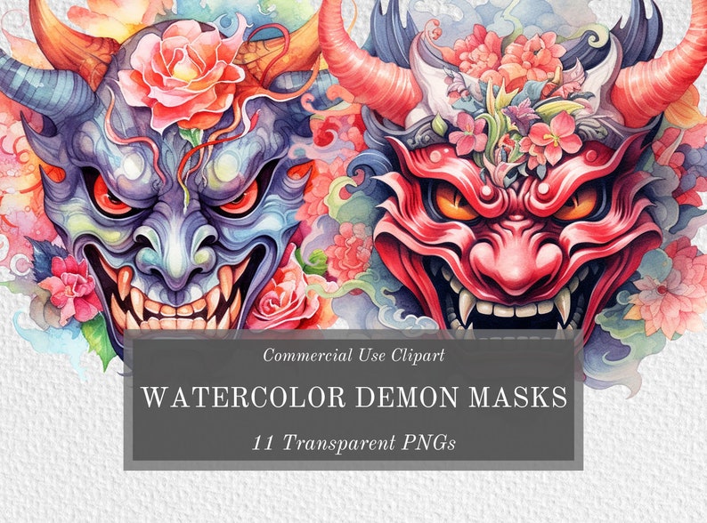 Watercolor Japanese Demon Face Clipart - Hannya Tattoo Style - 11 ...