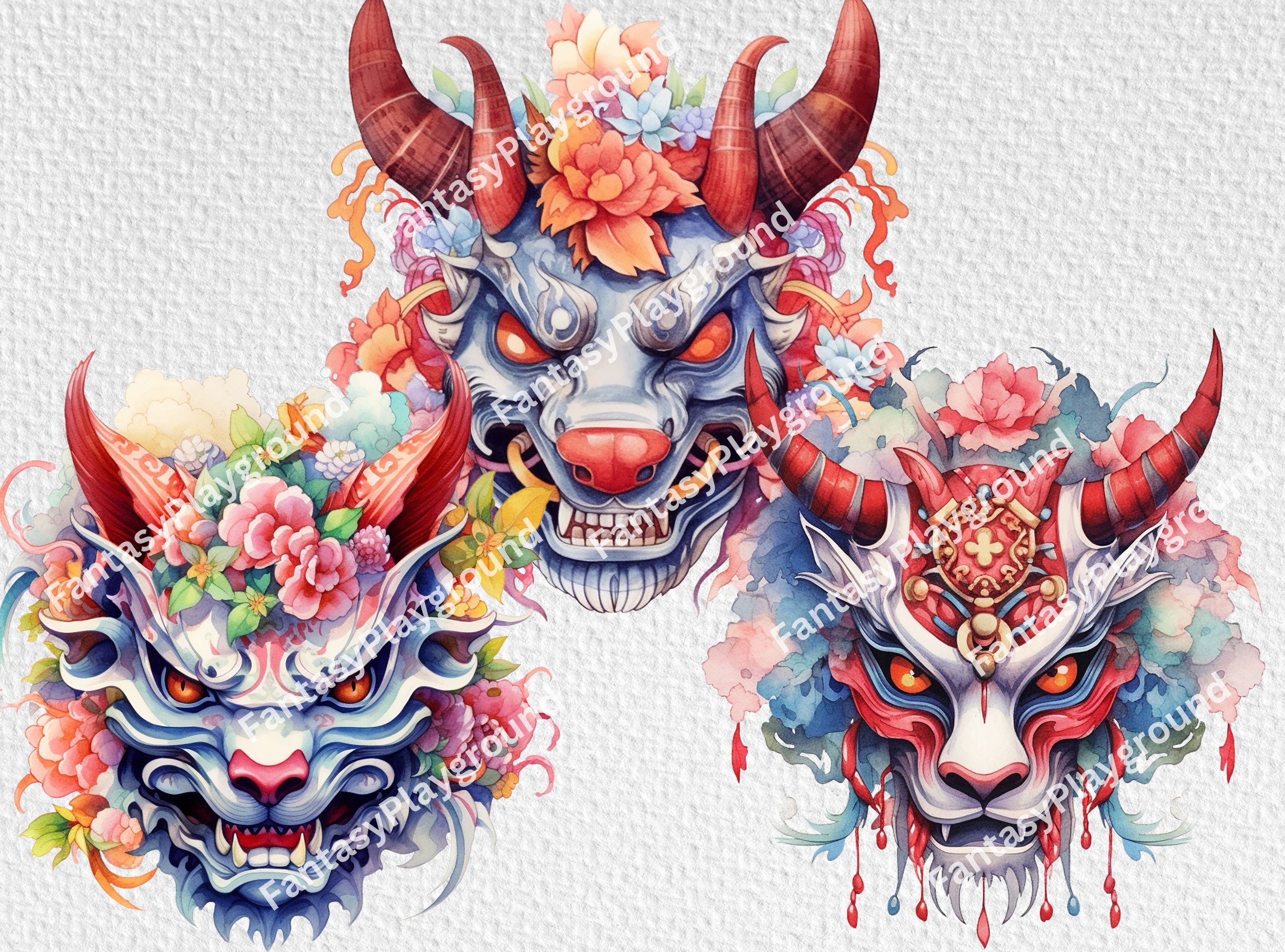 Watercolor Japanese Demon Face Clipart Hannya Tattoo Style 22 ...