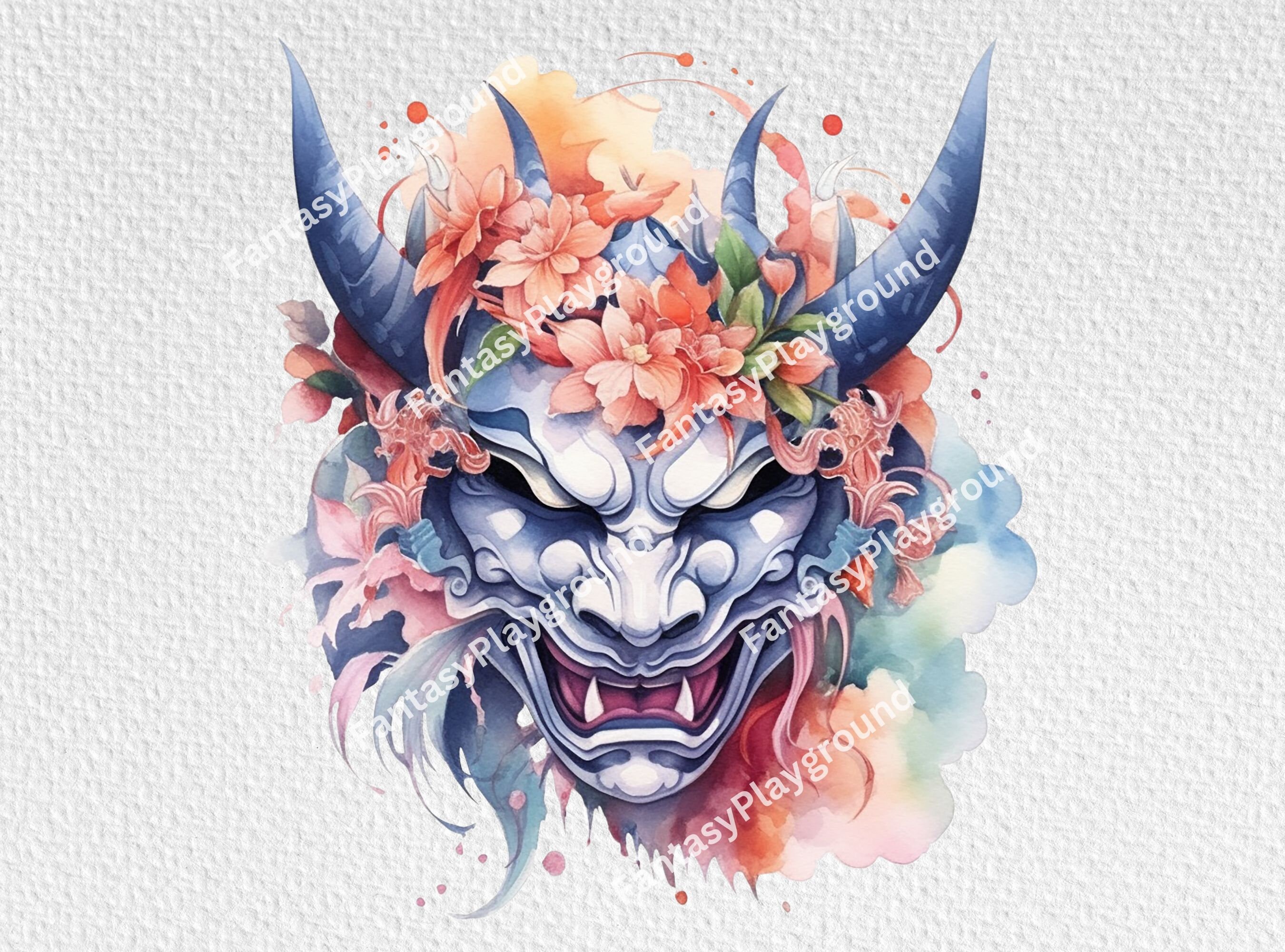 Watercolor Japanese Demon Face Clipart - Hannya Tattoo Style - 11 ...